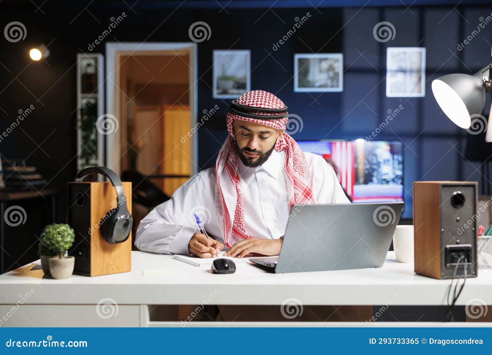 Arab Man Writing on His Notebook Stock Image - Image of gadget, works ...
