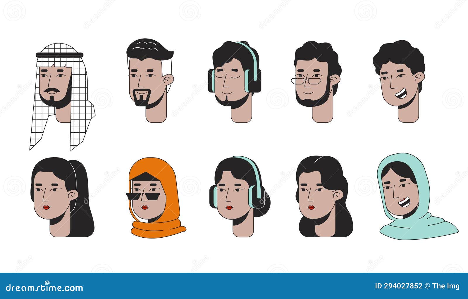 Arab Middle Eastern 2D Linear Cartoon Character Faces Set Stock Vector ...