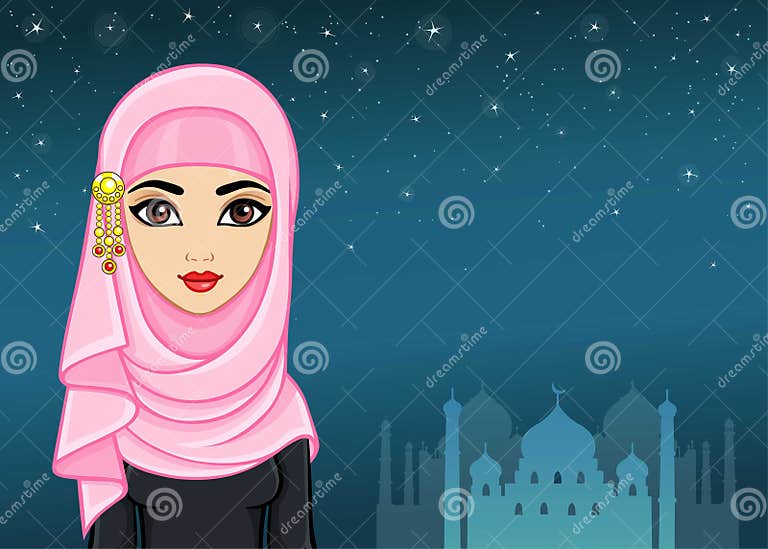 Arab Night Animation Portrait Of The Beautiful Girl In A Hijab Stock