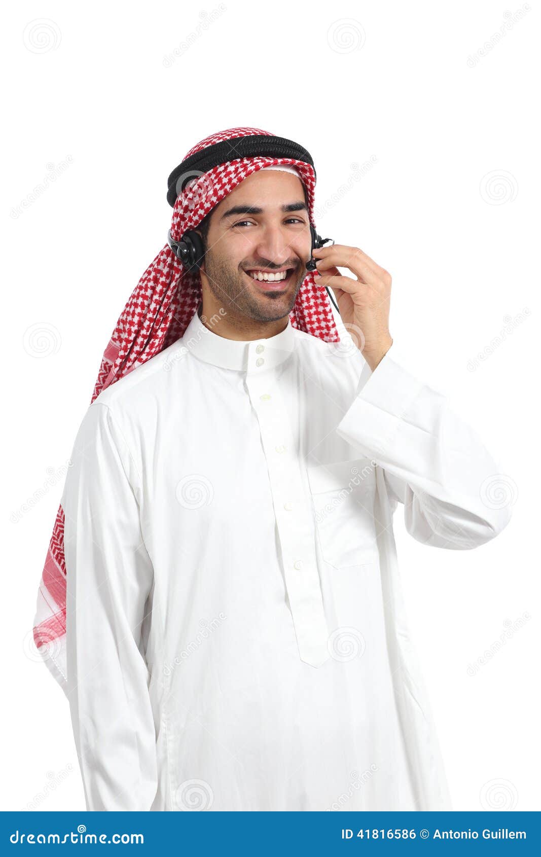 Arab Saudi Operator Man Working with Free Hands Headset on the Phone ...