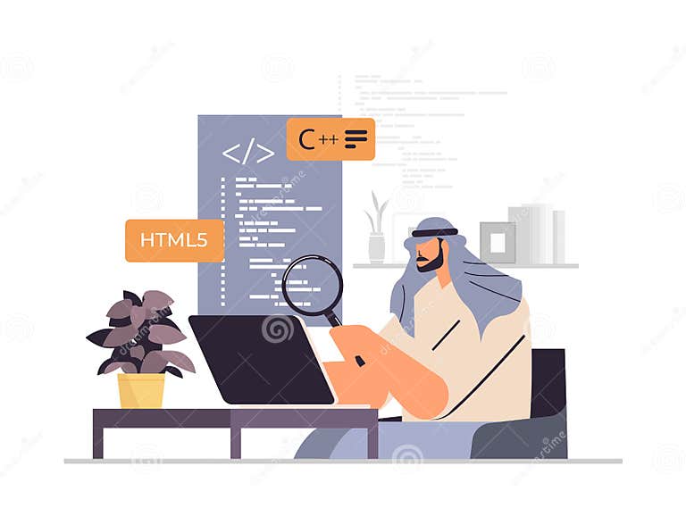 Arab Web Developer Creating Program Code on Laptop Screen Development ...