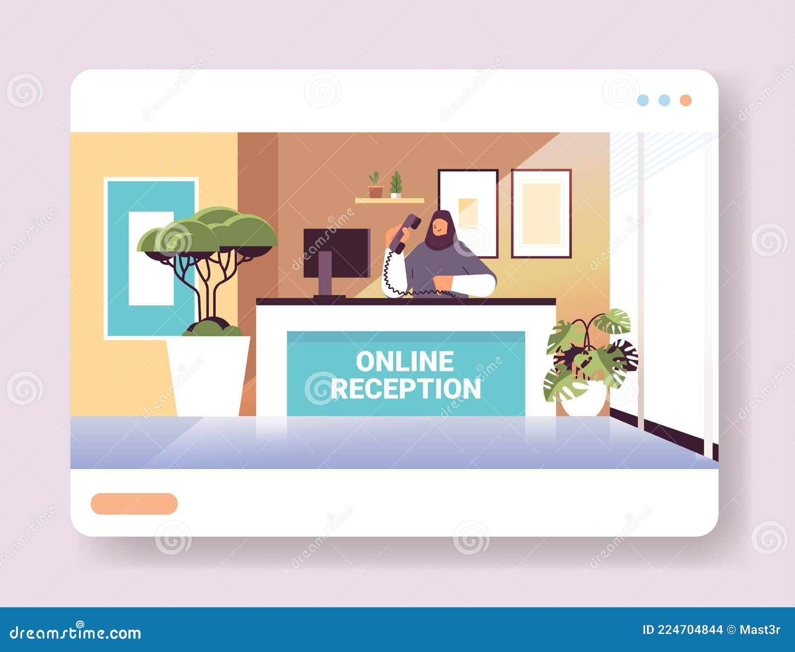 Arab Woman Receptionist at Online Reception Desk Horizontal Stock ...