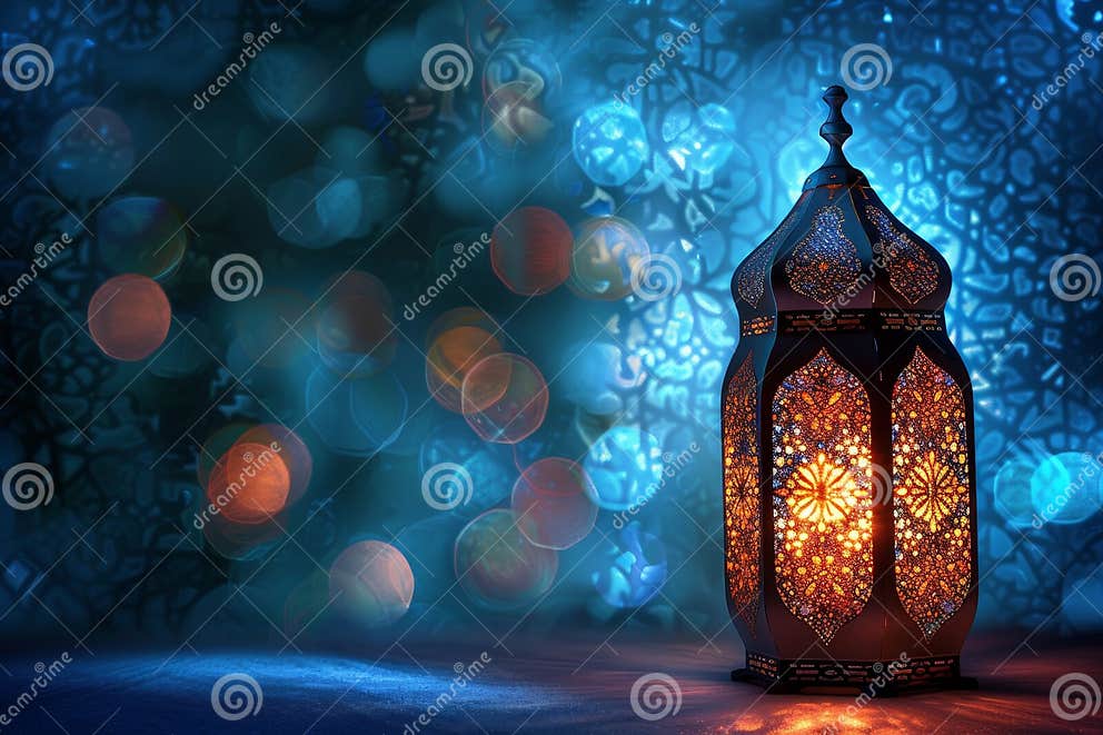 Arabesque Lantern Casts Warm Glow on Table Against Captivating Blurred ...