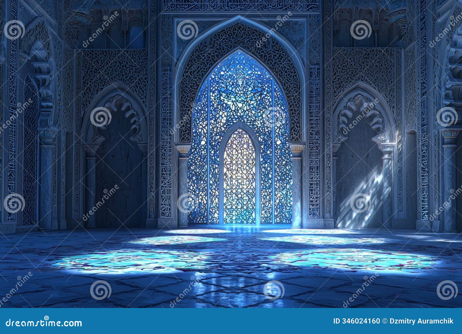 The Arabesque Patterns on the Dark Background are Lighted with Blue ...