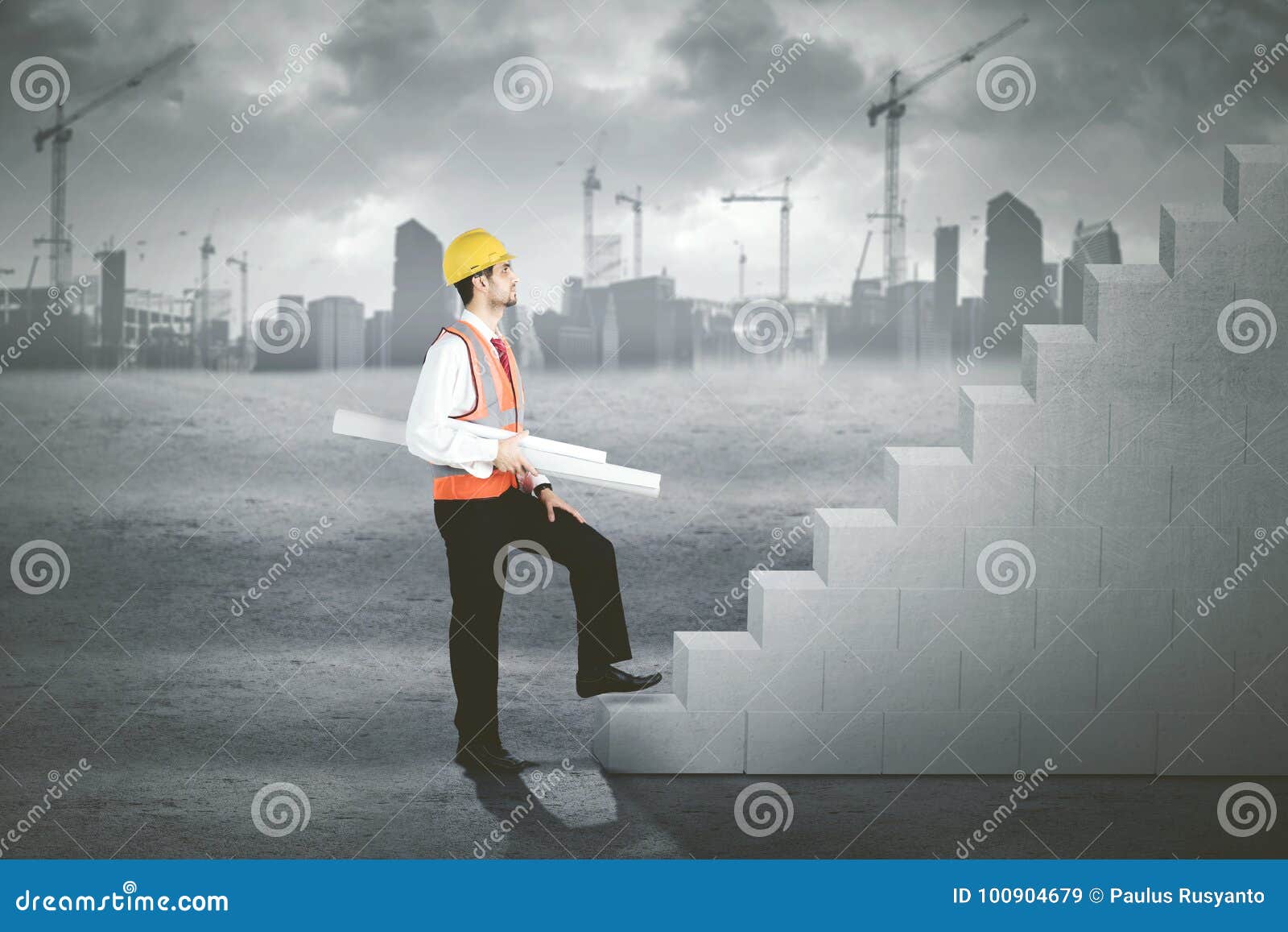 Arabian Engineer Walks Upward on the Staircase Stock Illustration ...