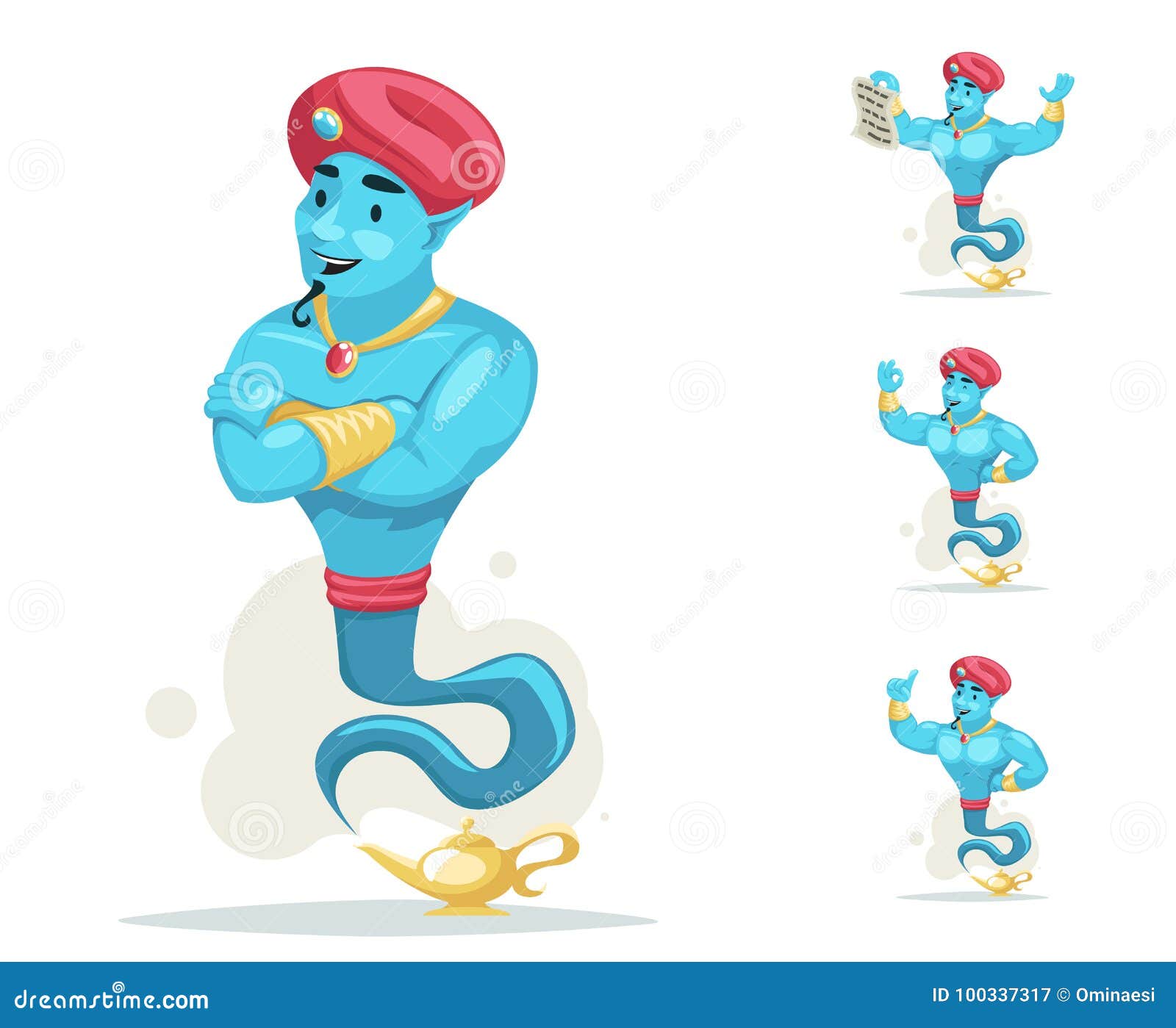 Arabian Genie Turban Magic Lamp Smoke Cartoon Characters Set Wish