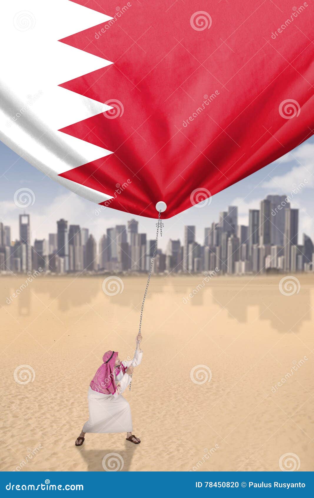 Arabian Man Pulls Flag of Bahrain Stock Photo - Image of bahrain, male ...