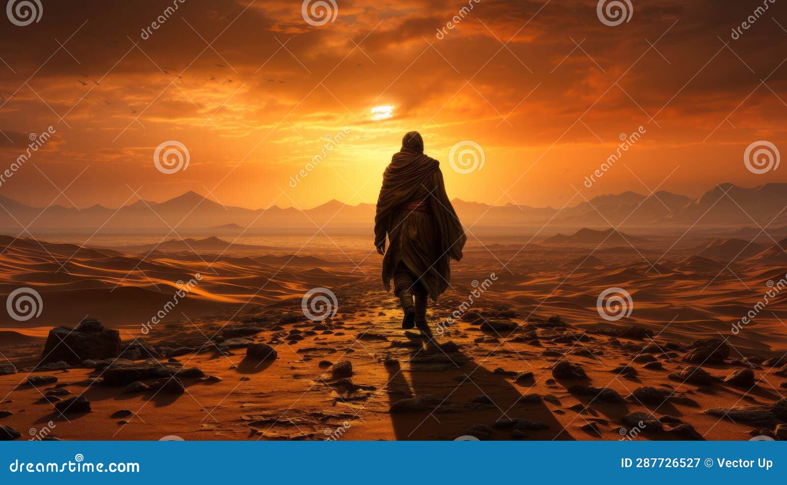 Arabian Man Walk in the Desert Sand and Dunes at Sunset. Generative AI ...