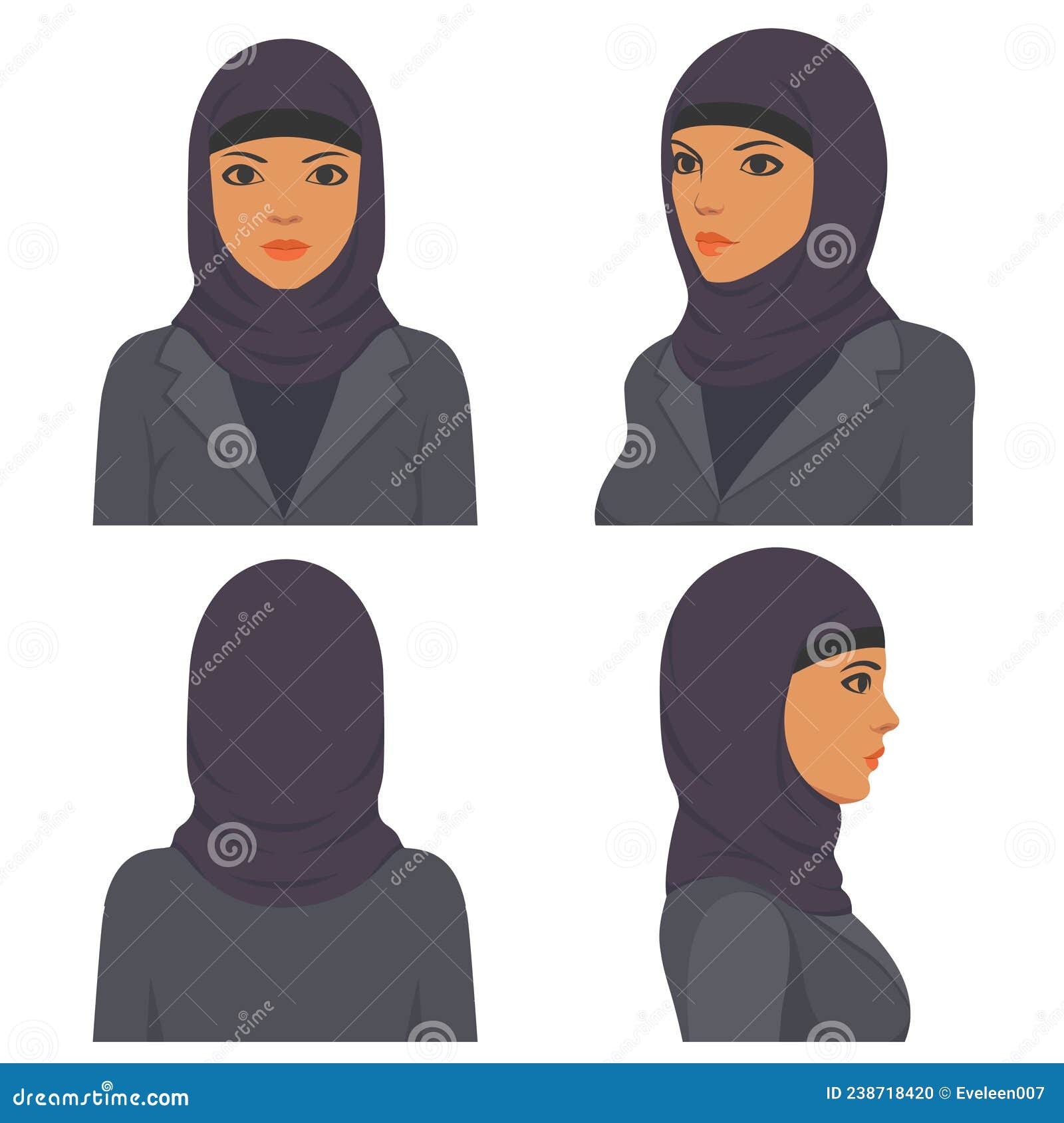 Arabian Muslim Face Portrait, Front, Profile, Side View Stock Vector ...