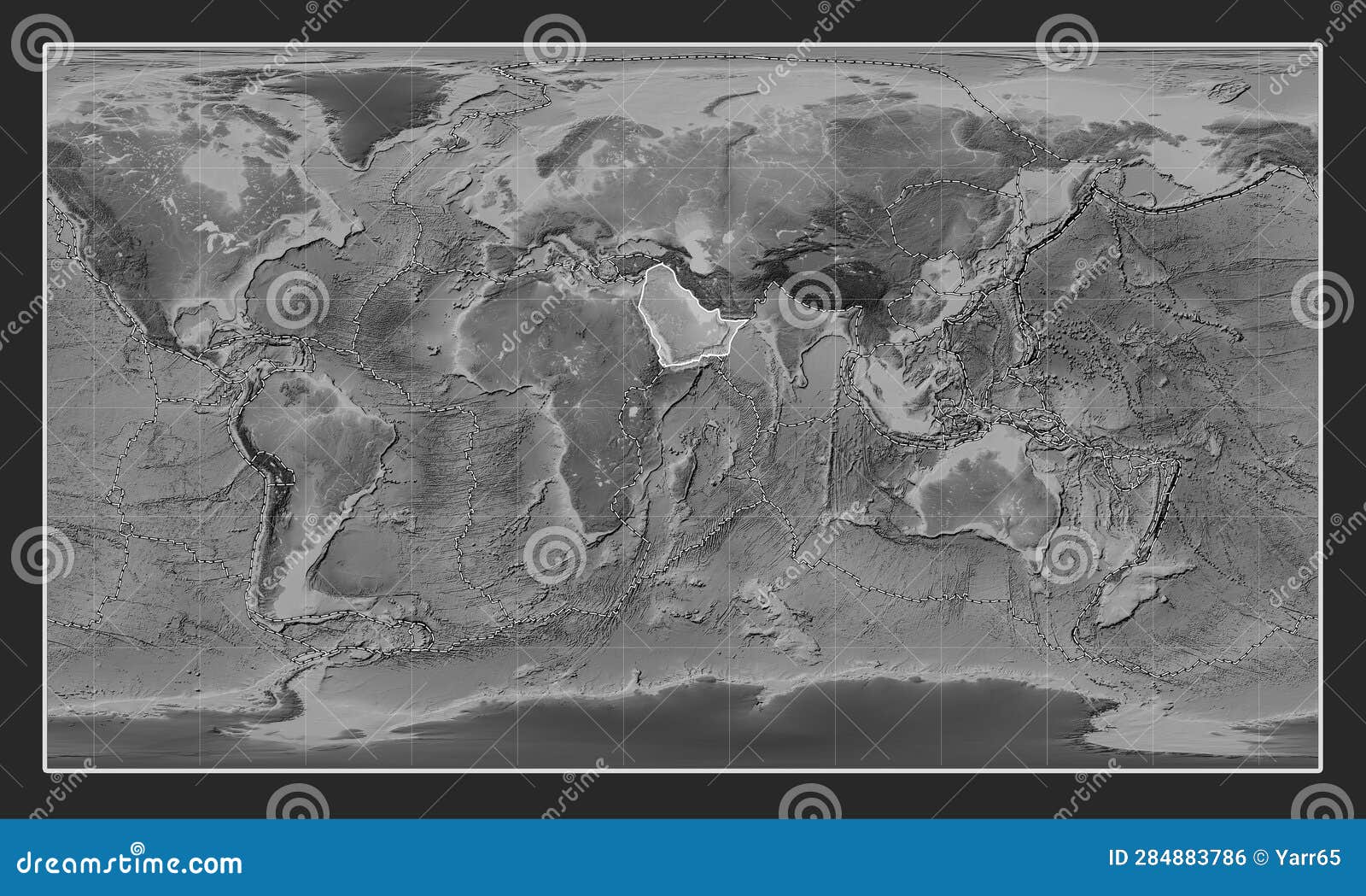Arabian Tectonic Plate. Grayscale. Patterson Cylindrical. Bounda Stock ...