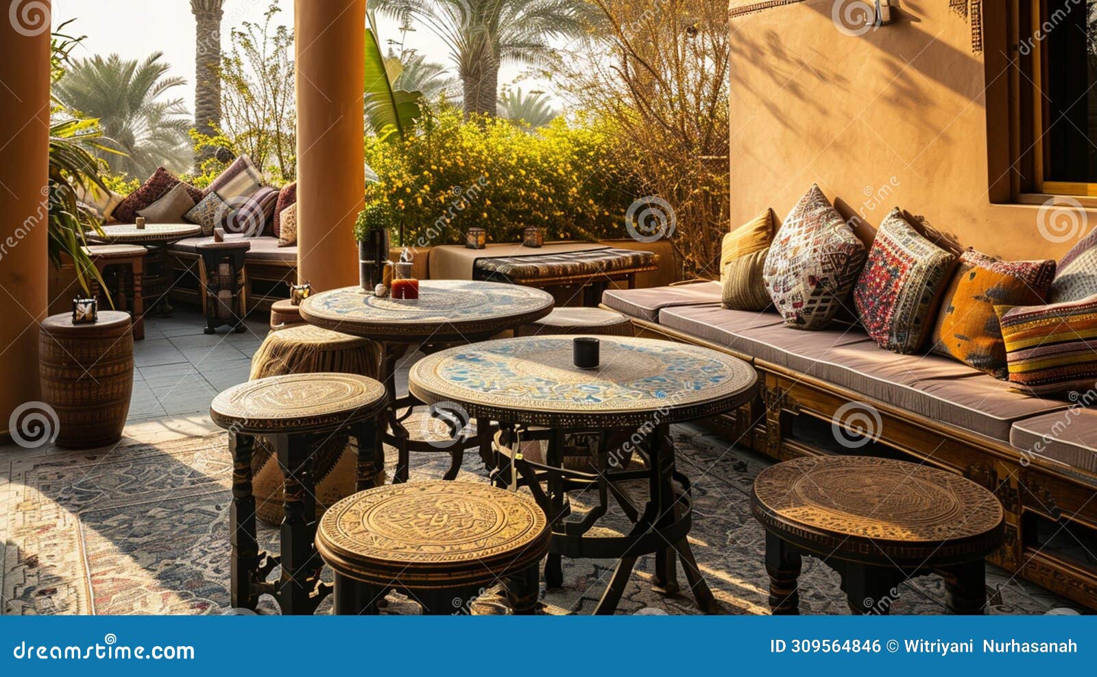 Arabian Terrace Exterior with Sofas, Tables, Pillows and Stools ...