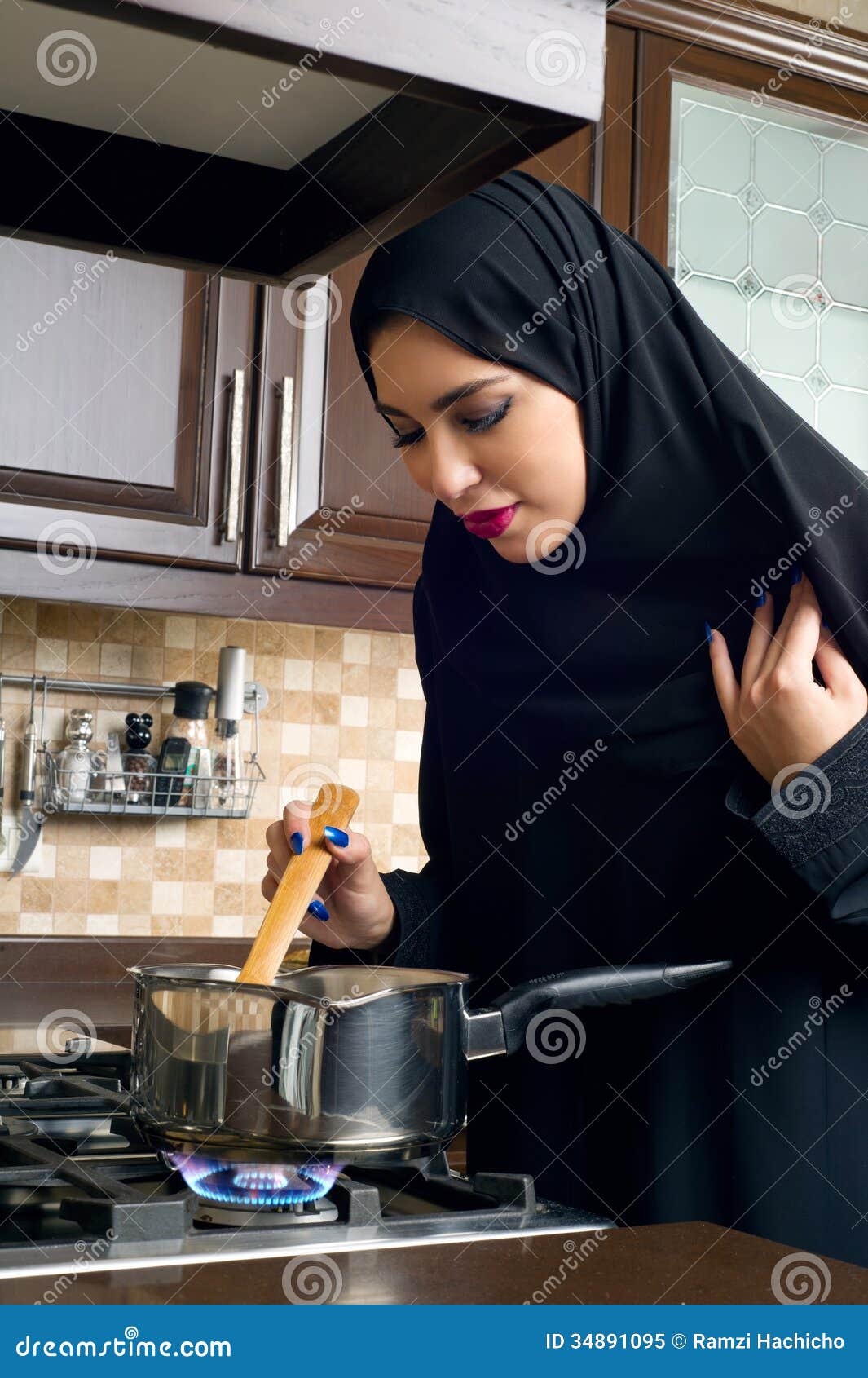 Arabian Woman Cooking Stew in the Kitchen Stock Image - Image of girl ...