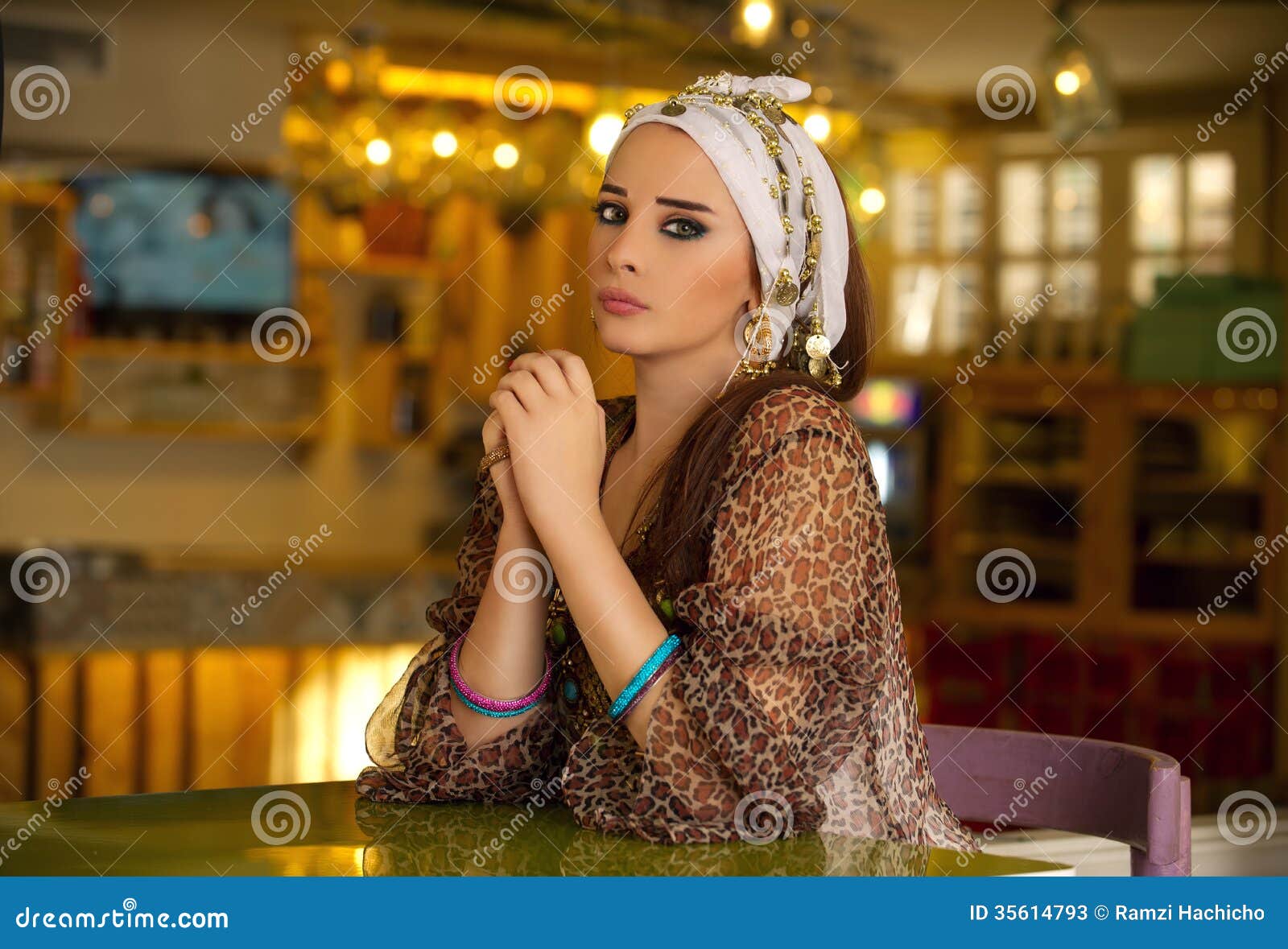 Arabian Woman Sitting in a Cafe Stock Image - Image of face, close ...