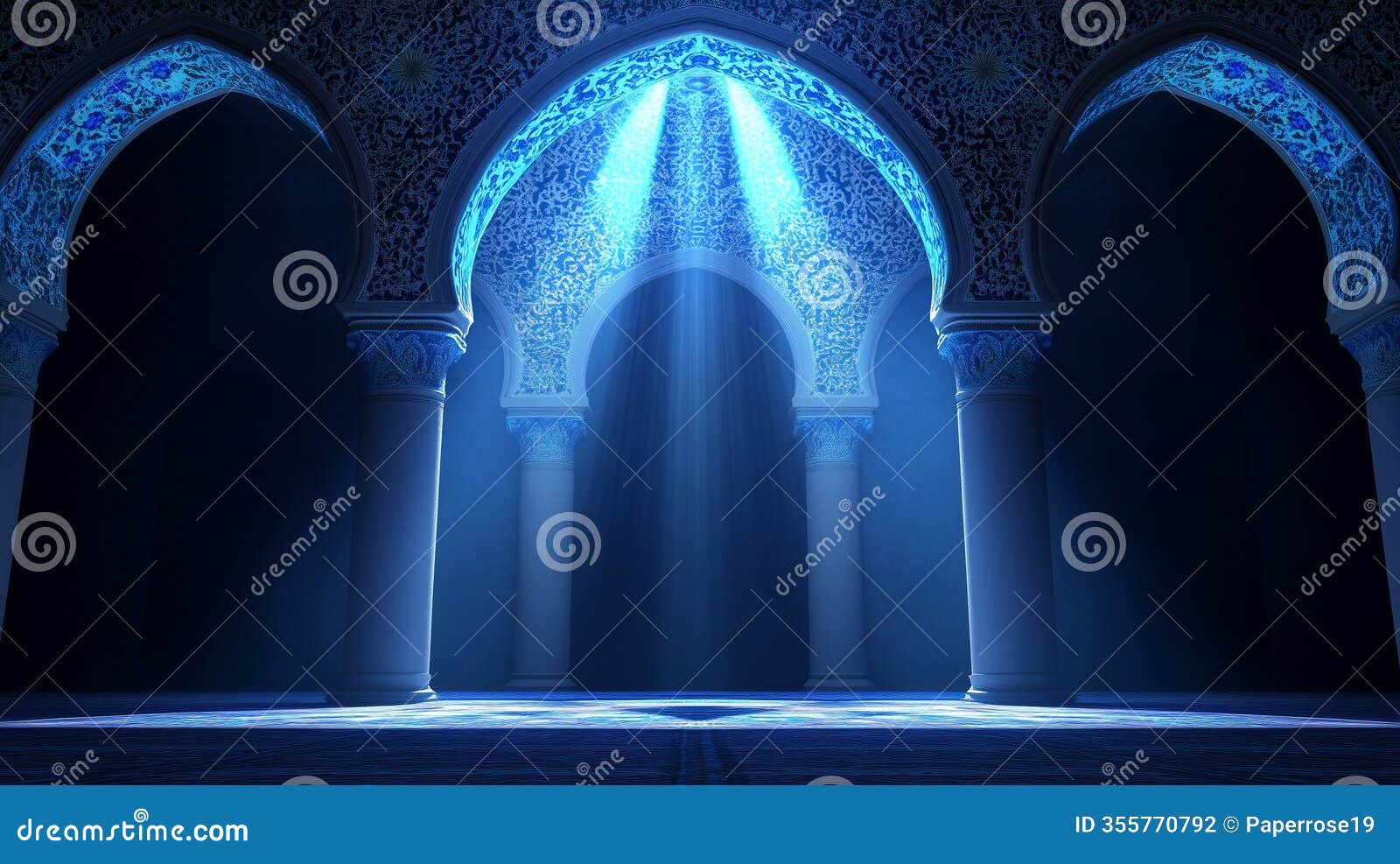 Arabic Archway with Blue Light Rays and Arabesque Patterns Stock Photo ...