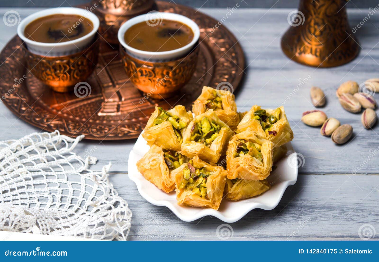Arabic Baklava with Coffee in Copper Cups Stock Image - Image of slice ...