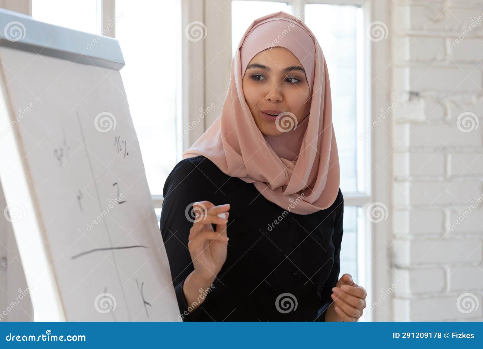 Arabic Businesswoman in Hijab Using Flipchart Makes Presentation for ...