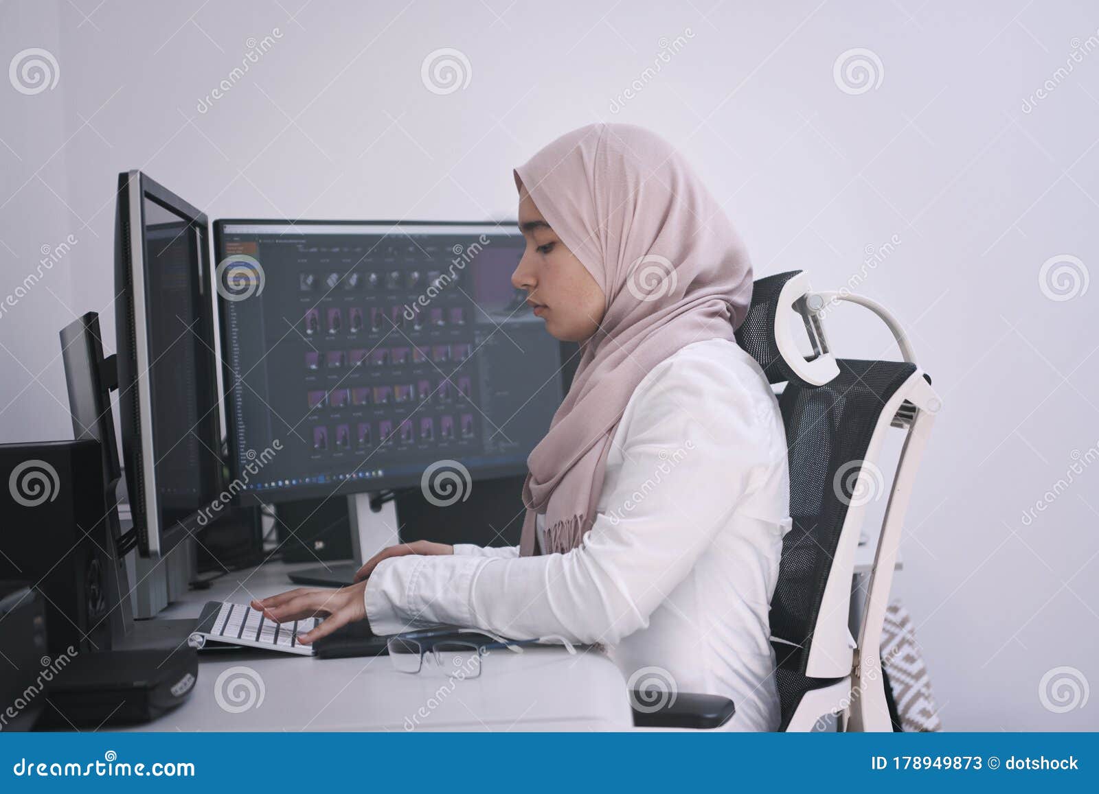 Arabic Creative Professional Working at Home Office on Desktop Computer ...