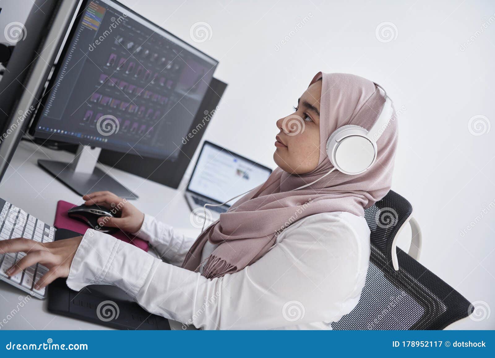 Arabic Creative Professional Working at Home Office on Desktop Computer ...