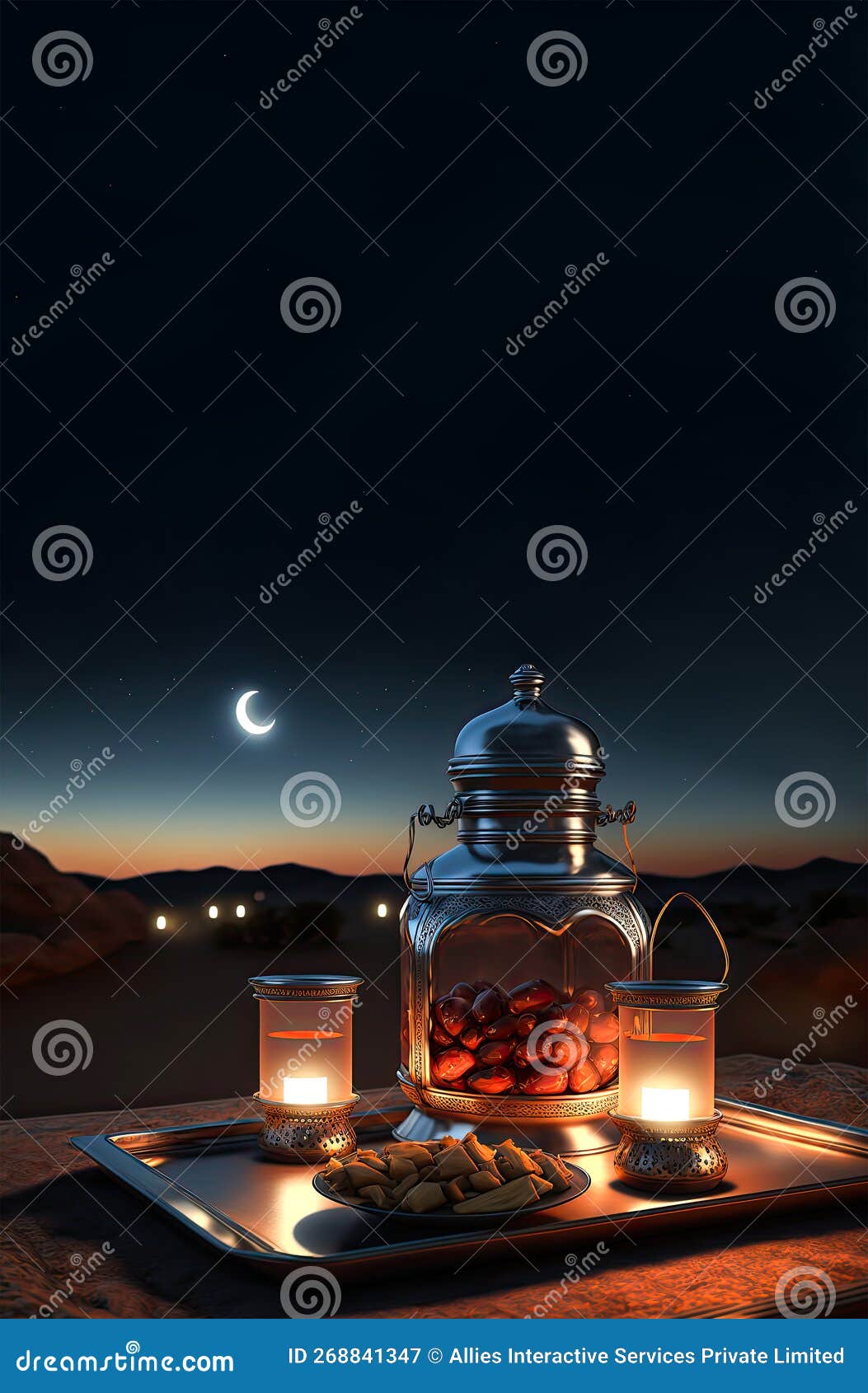 Arabic Dates Pot with Lit Lanterns, Snack on Tray at Night Time ...