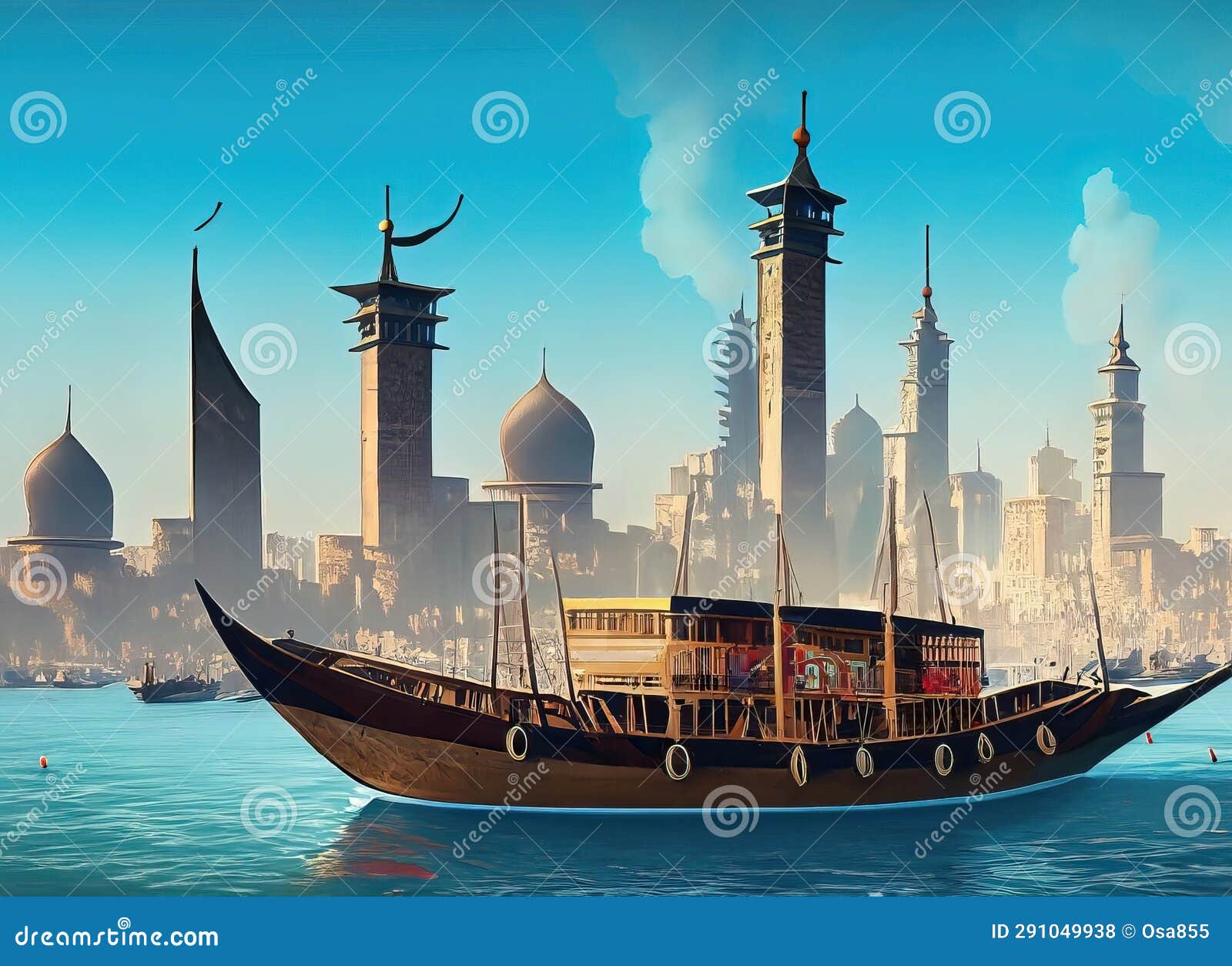 Arabic Dhow Floating in Seaport with City Skyline, Generative AI Stock ...