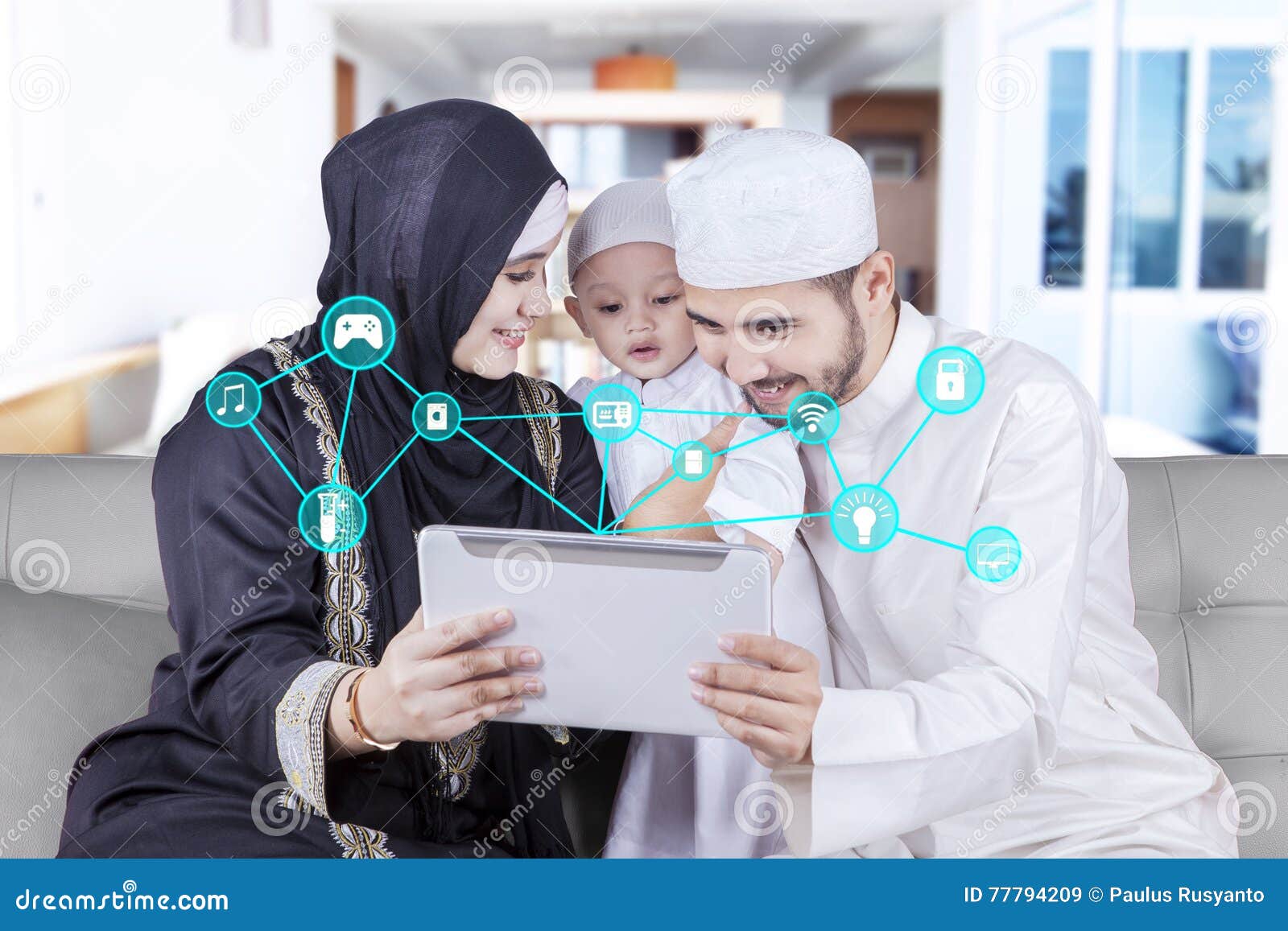 Arabic Family, Mother And Son Sitting On The Couch In Their Living Room ...