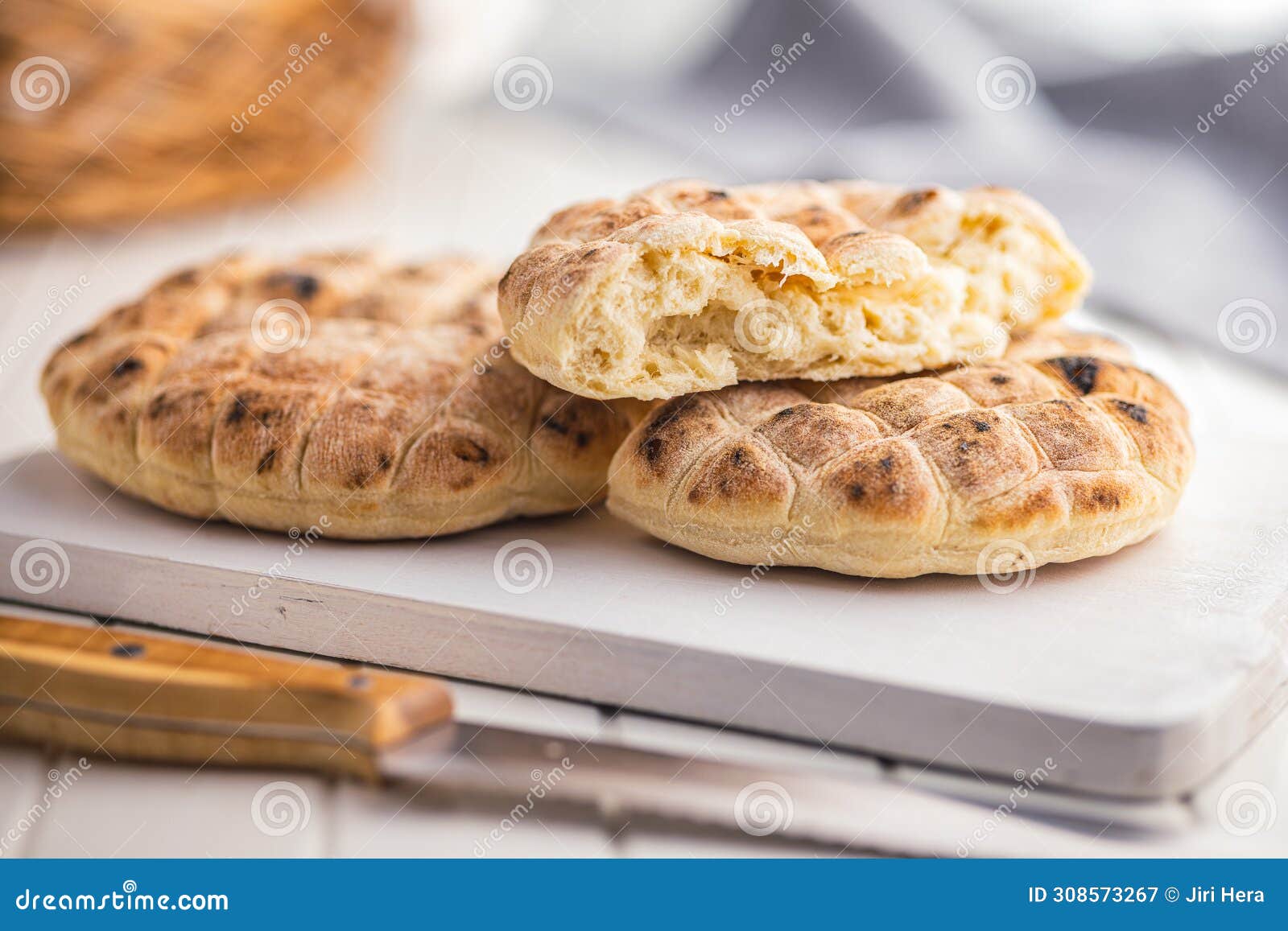 Arabic Flat Pita Bread on White Table Stock Image - Image of ...