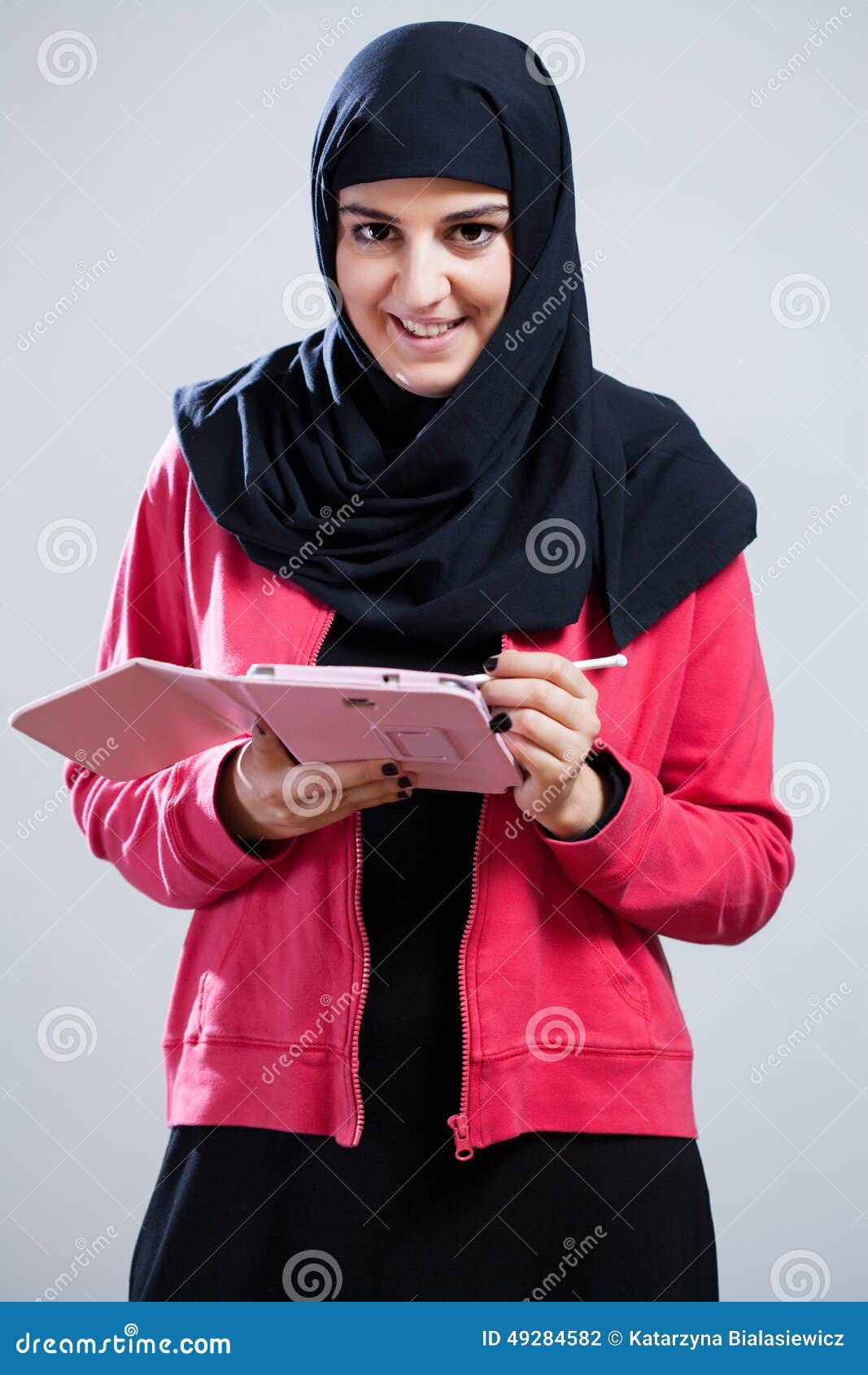 Arabic Girl Recording Selfie Video With Multiracial Friends At Home ...