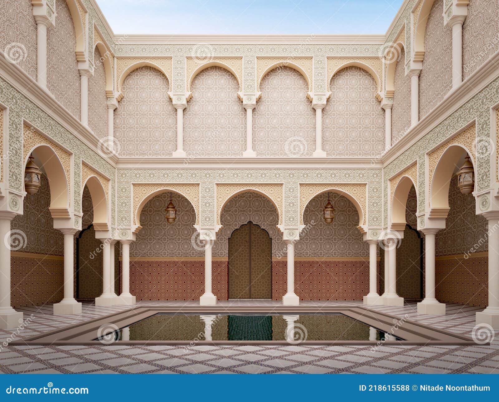 Arabic,Islamic Style Courtyard,patio with Pond. Stock Illustration ...