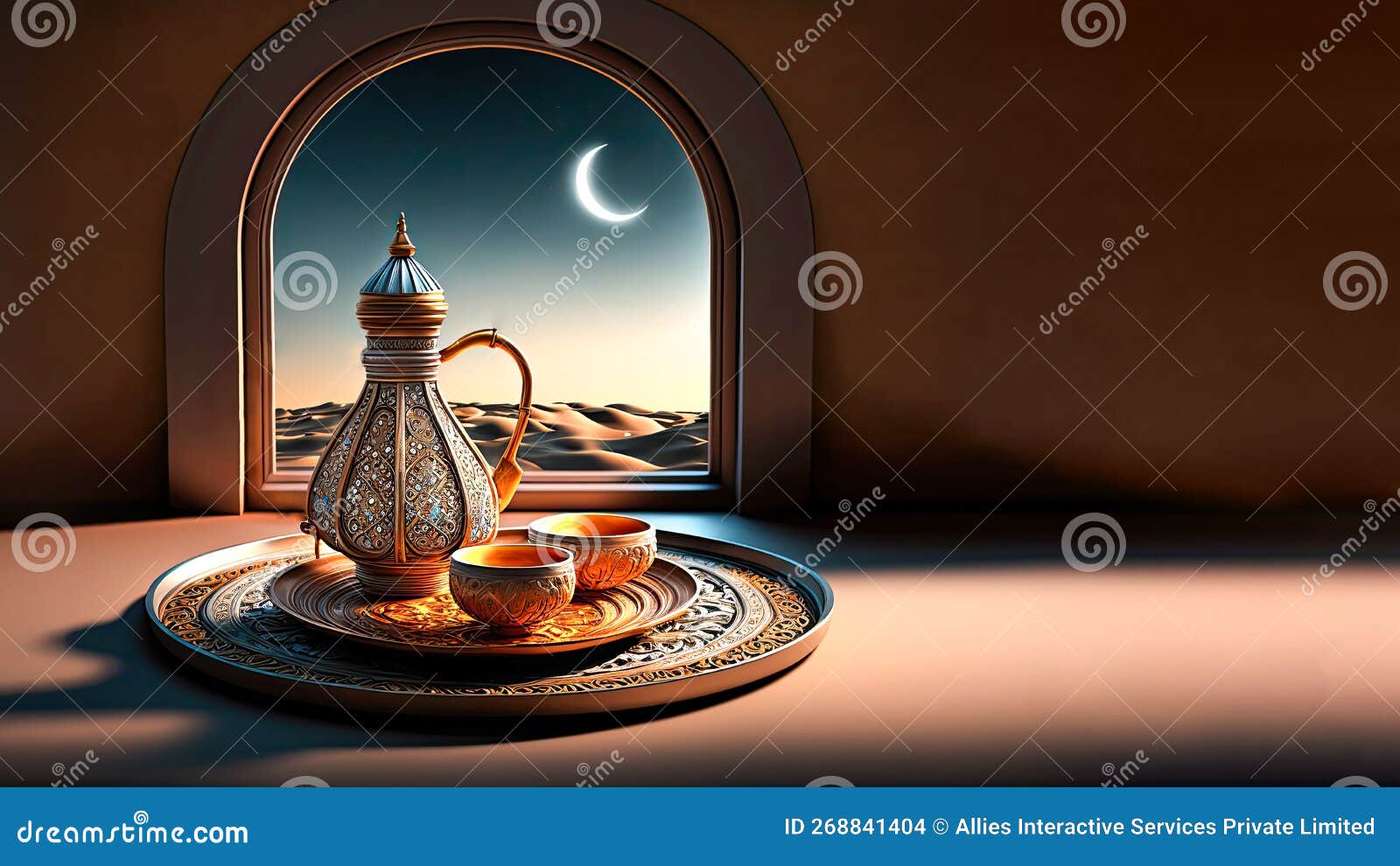Arabic Jug with Bowls on Plate and Crescent Moon Inside Window. Islamic ...