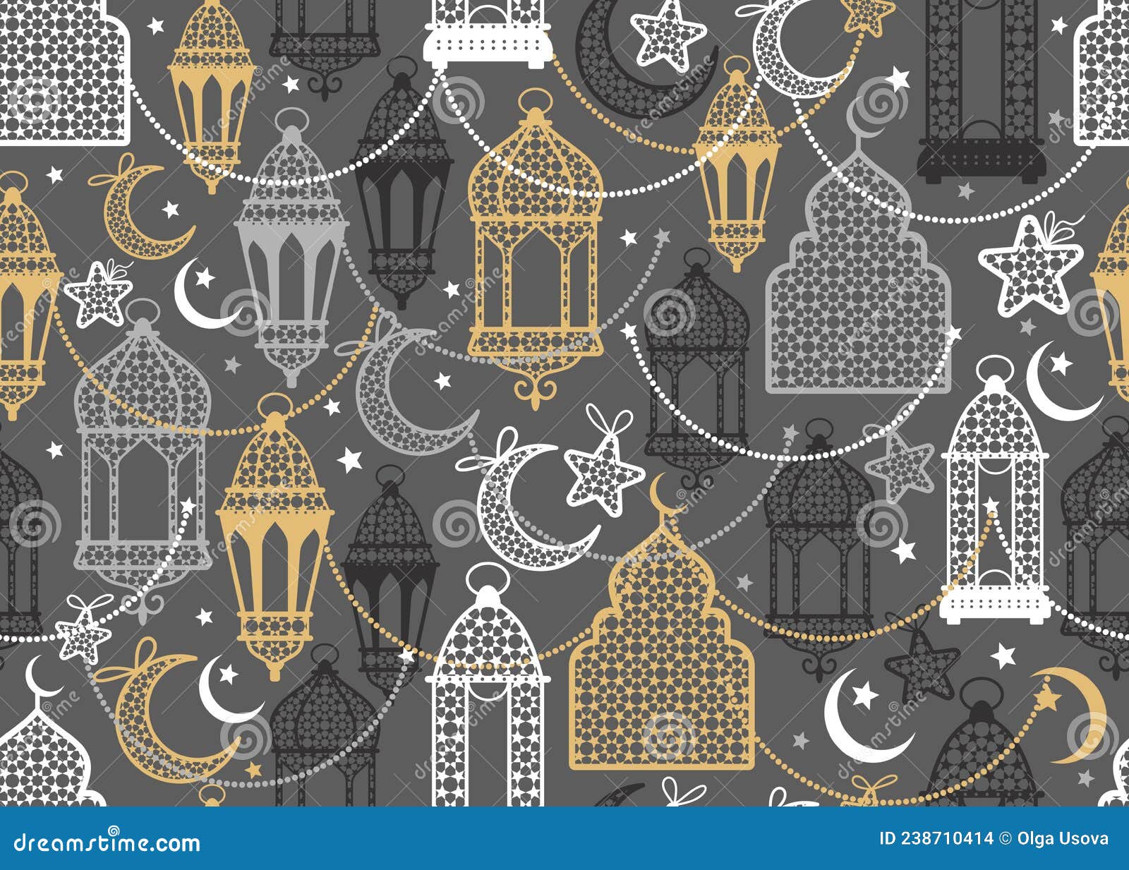 Arabic Lantern and Moon, Stars Seamless Pattern on Grey Background ...
