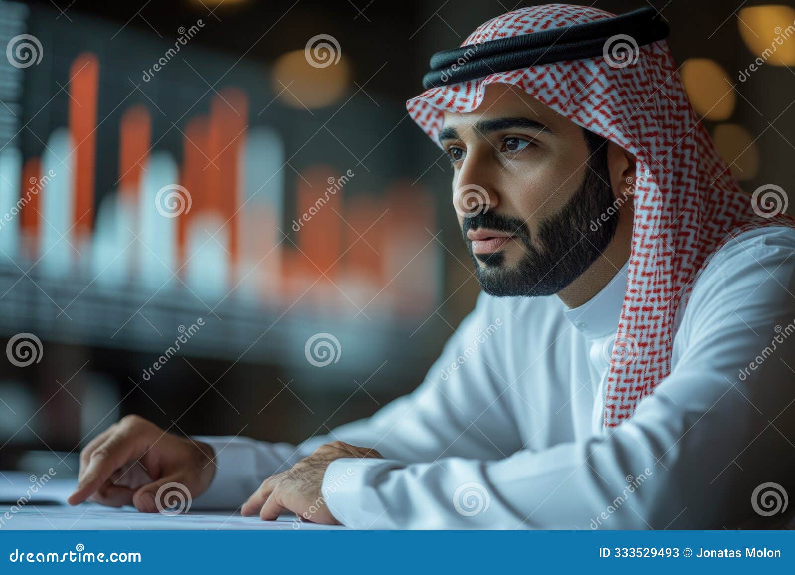 Arabic Man in White Thobe Analyzing Graphs and Charts in Stock ...