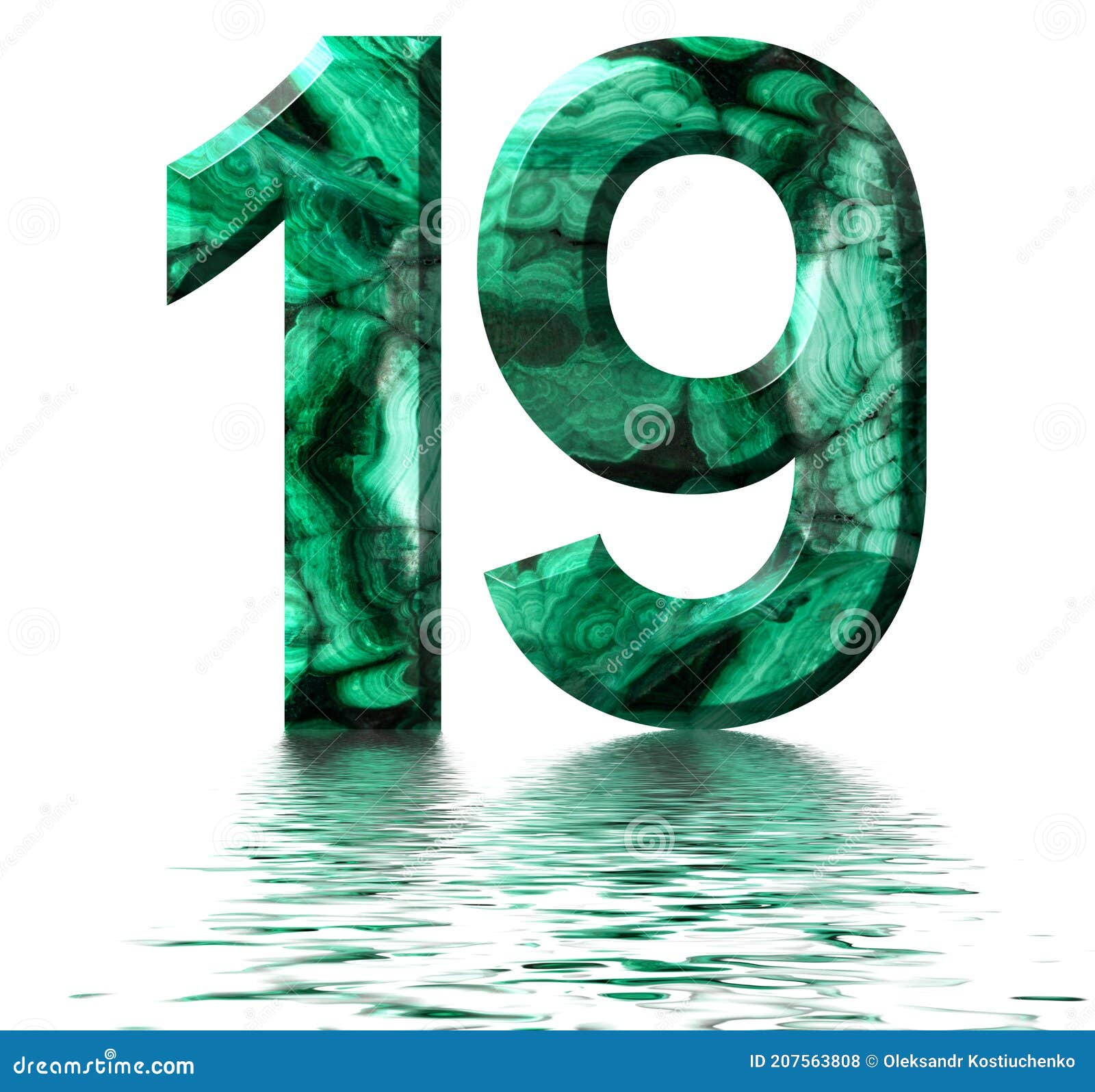 Arabic Numeral 19, Nineteen, from Natural Green Malachite, Reflected on ...