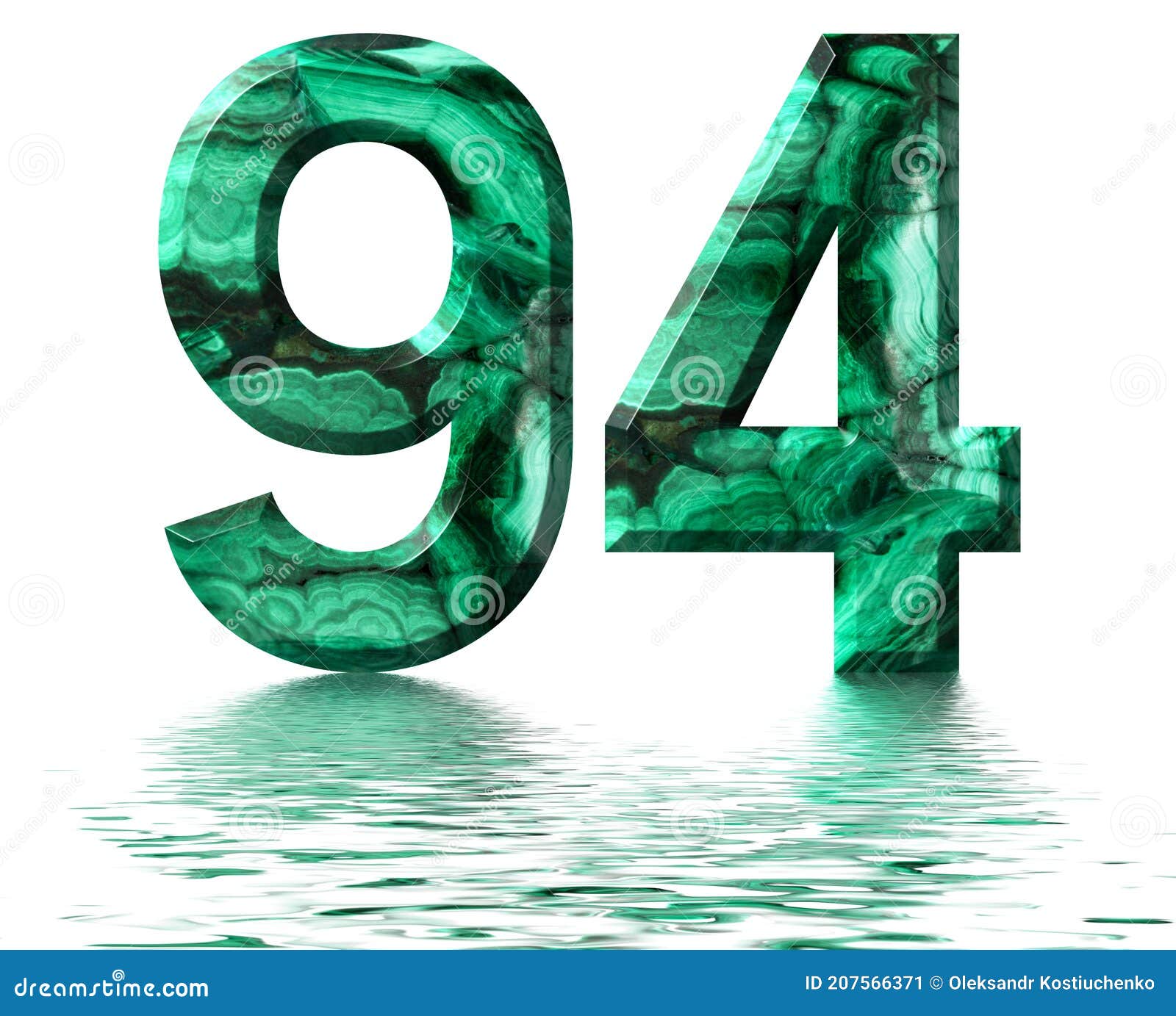 Arabic Numeral 94, Ninety Four, from Natural Green Malachite, Reflected ...