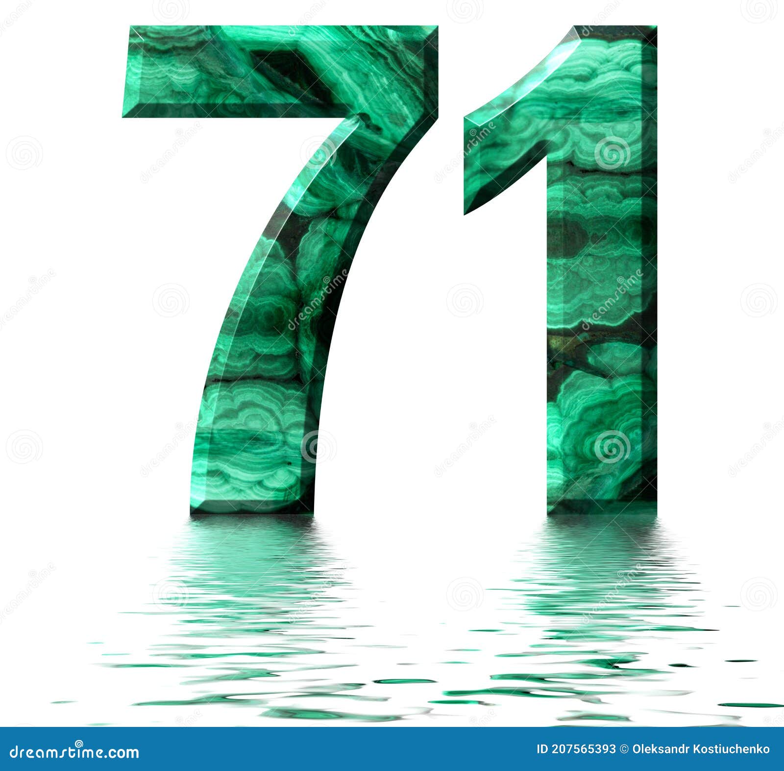 Arabic Numeral 71, Seventy One, from Natural Green Malachite, Reflected ...