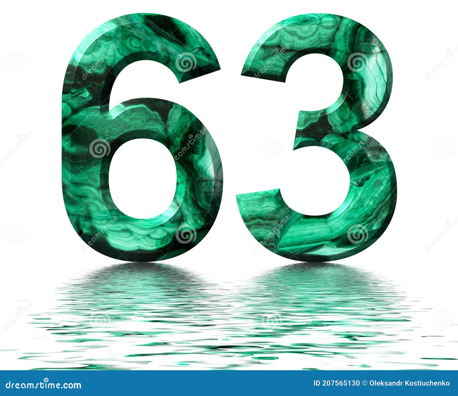 Arabic Numeral 63, Sixty Three, from Natural Green Malachite, Reflected ...