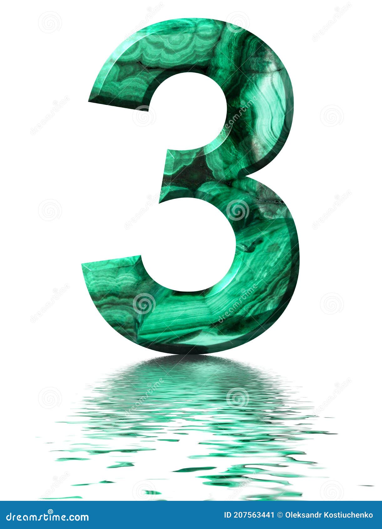 Arabic Numeral 3, Three, from Natural Green Malachite, Reflected on the ...