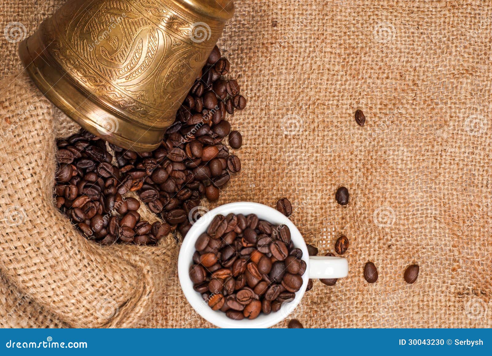 Arabic Copper Turks, Cup and Scattered Coffee Stock Photo - Image of ...
