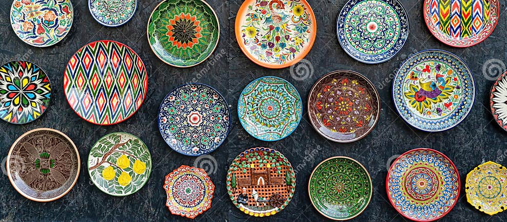 Arabic Painted Ceramic Plates on the Wall. Stock Photo - Image of ...