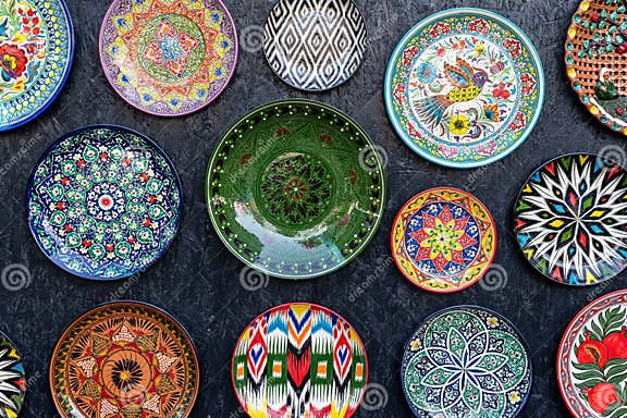 Arabic Painted Ceramic Plates on the Wall. Stock Image - Image of ...