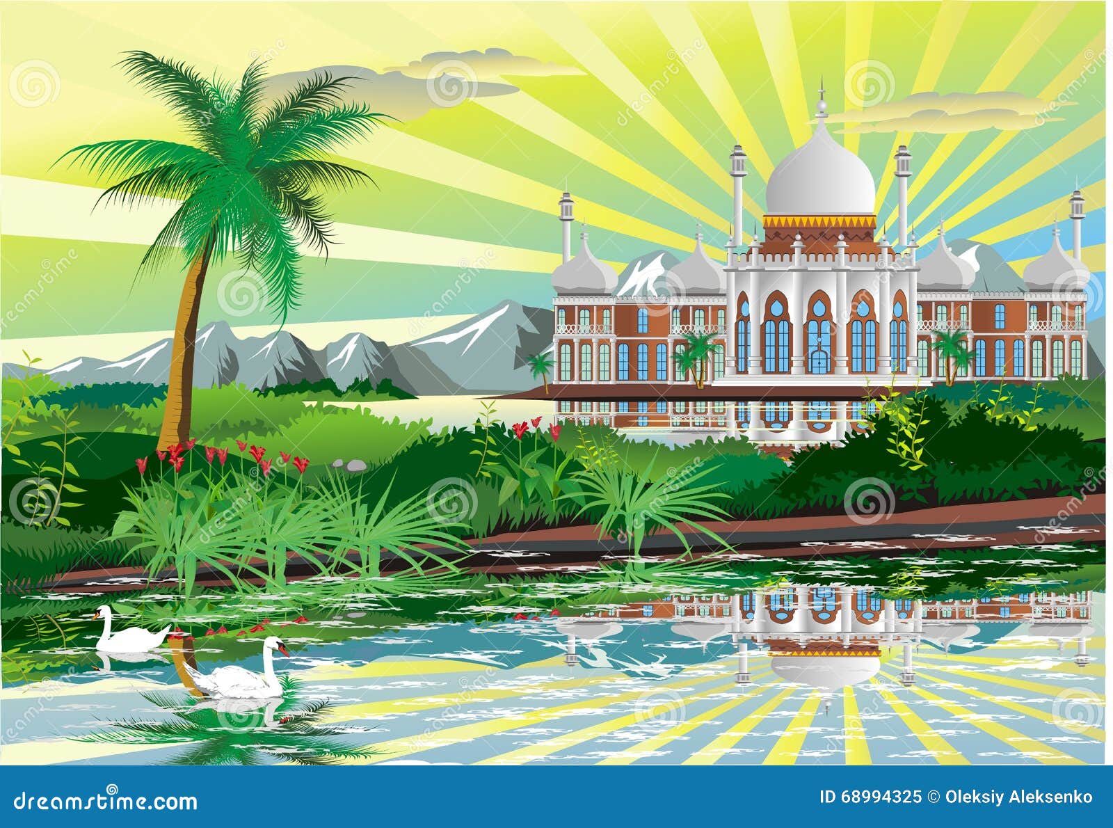Arabic Palace on the Shore of a Beautiful Lake with Swans. Stock Vector ...