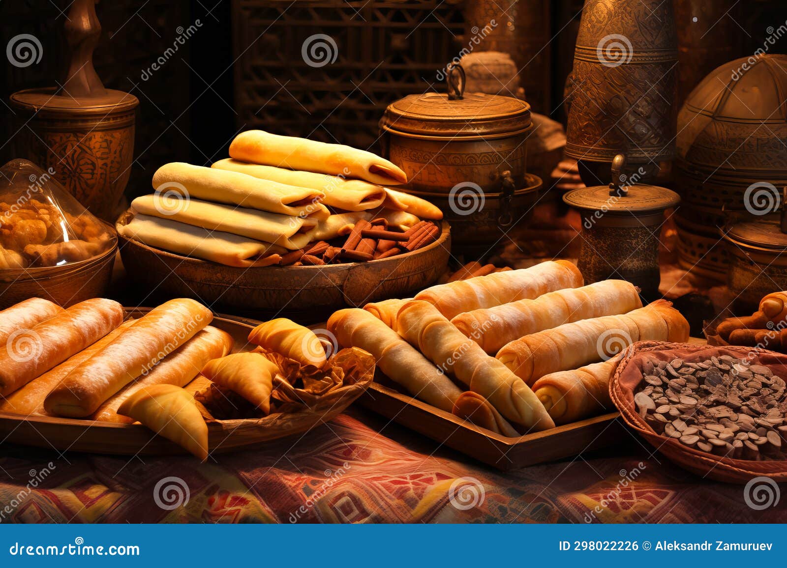 Arabic Pastries Rolls with Some Spices on Served Table. Traditionally ...