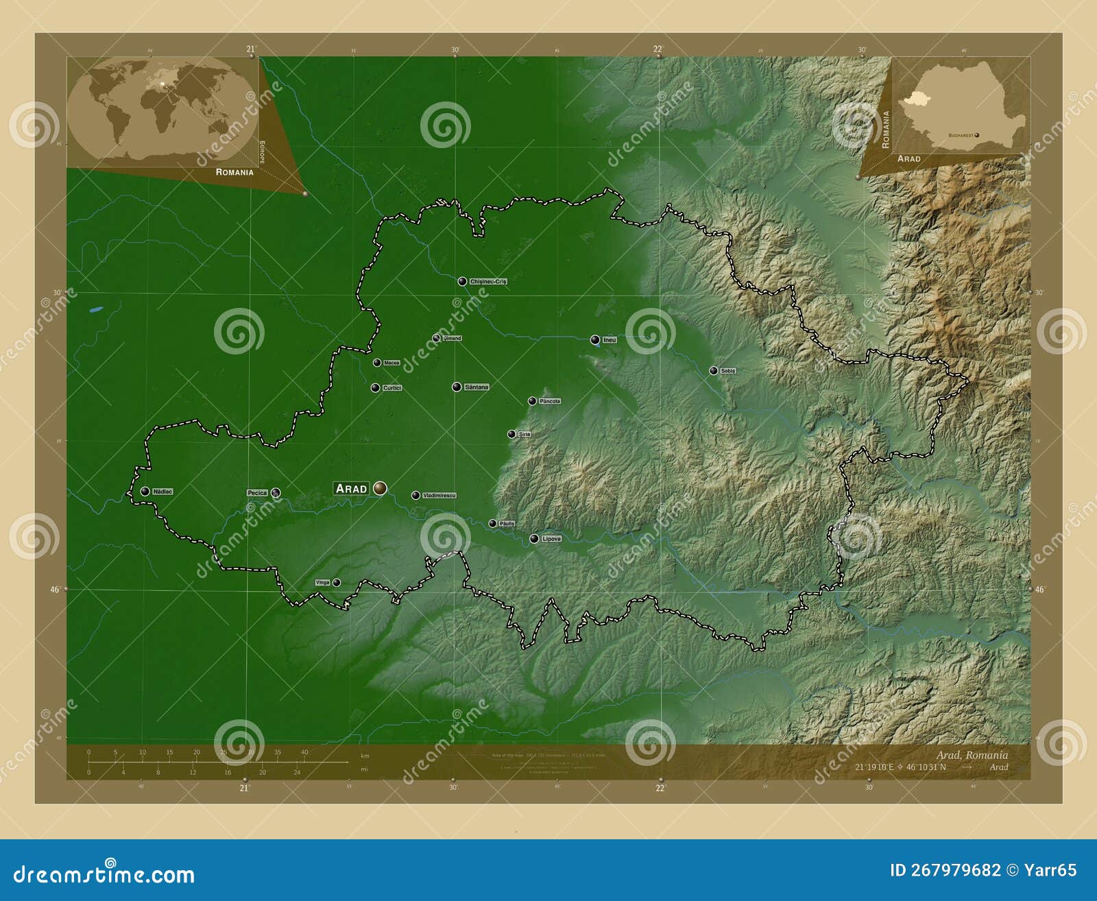 Arad, Romania. Physical. Labelled Points of Cities Stock Illustration ...