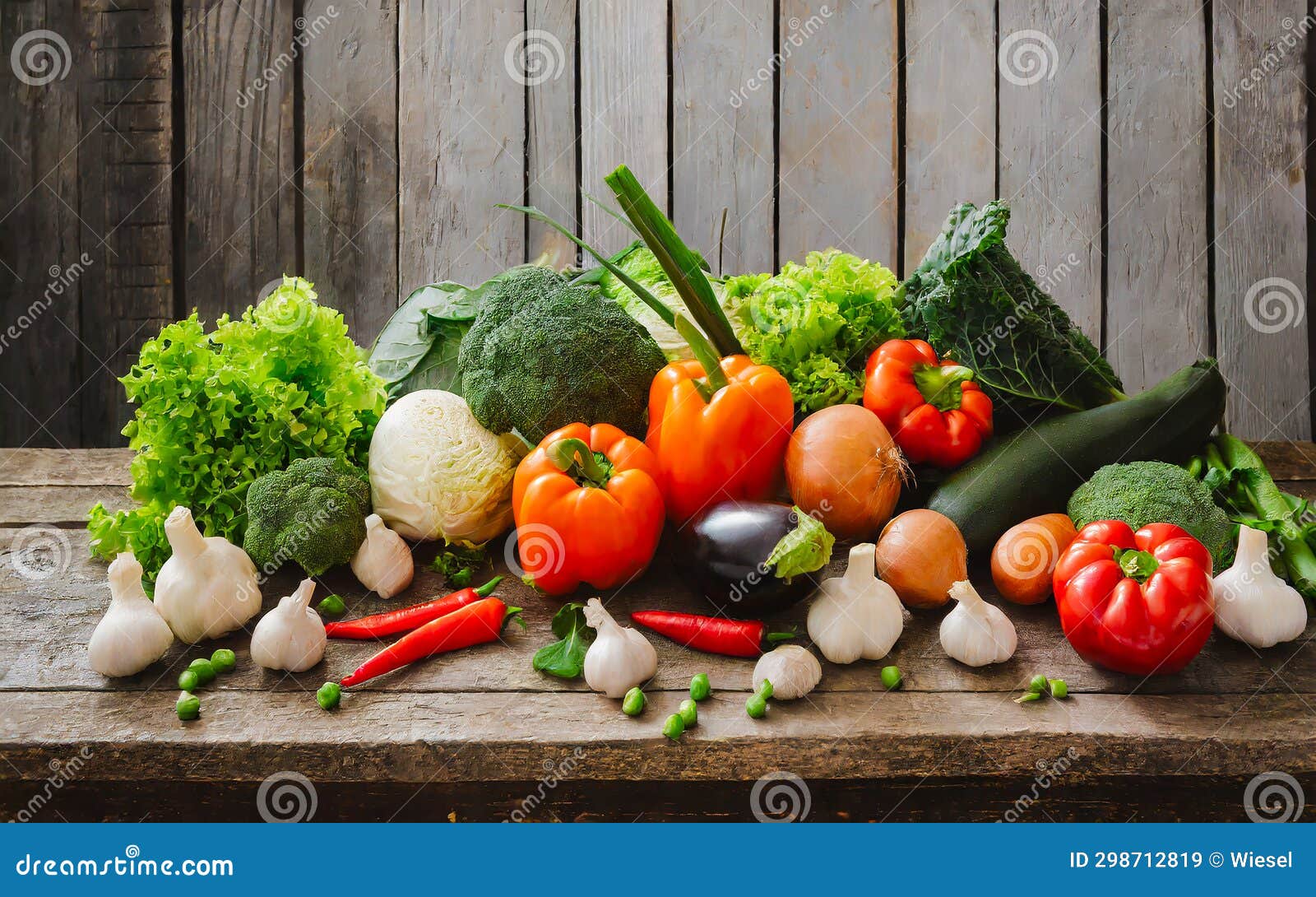Various Vegetables on a Rustic Wooden Table Stock Illustration ...