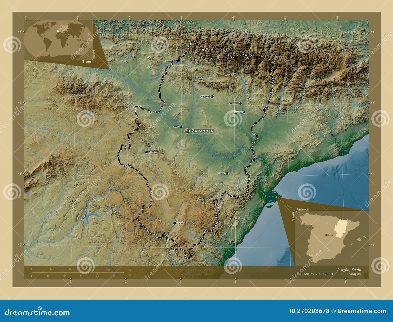 Aragon, Spain. Physical. Labelled Points of Cities Stock Illustration ...