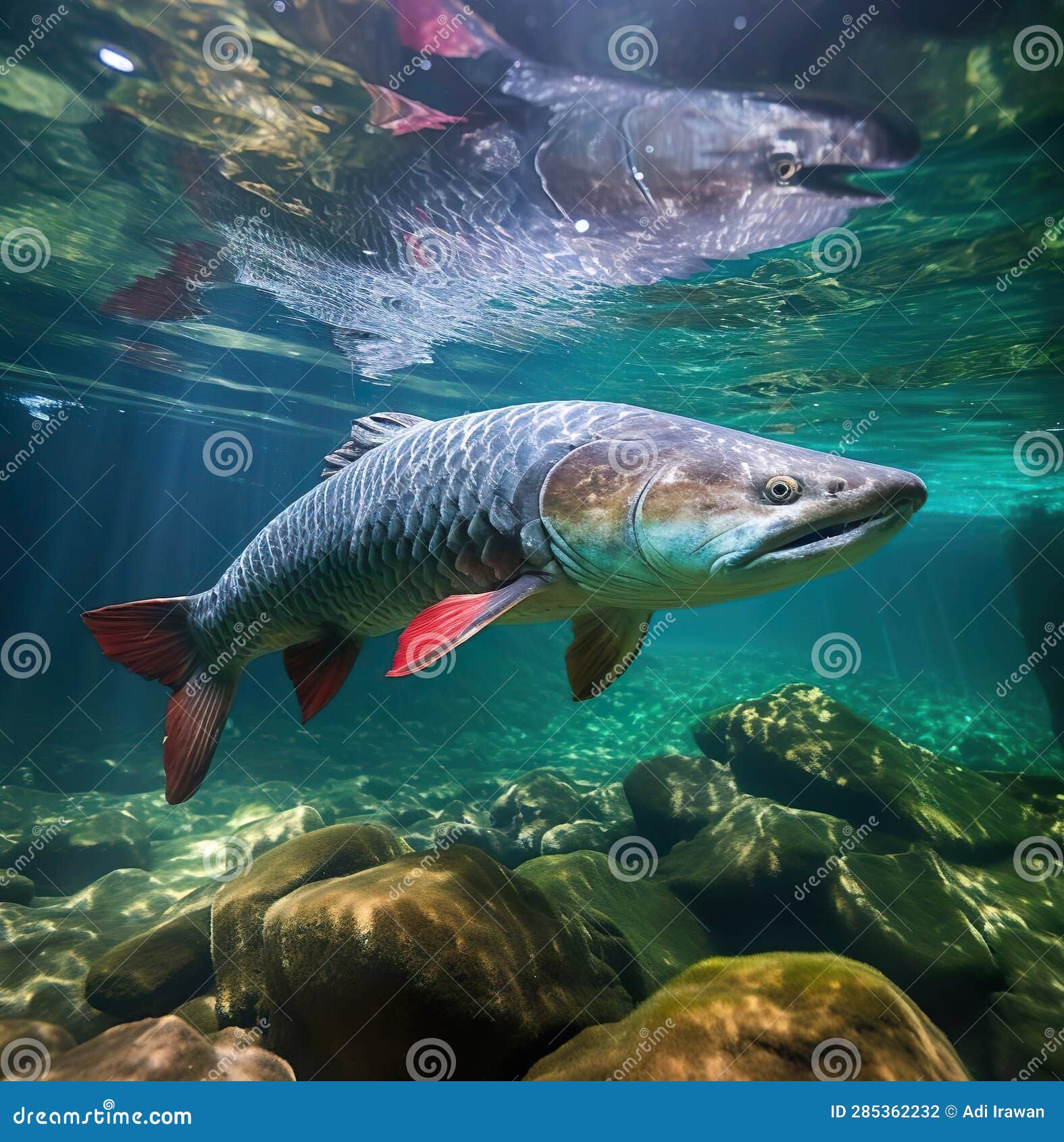 An Arapaima Fish Swimming in a Lake with Rocks Stock Photo - Image of ...