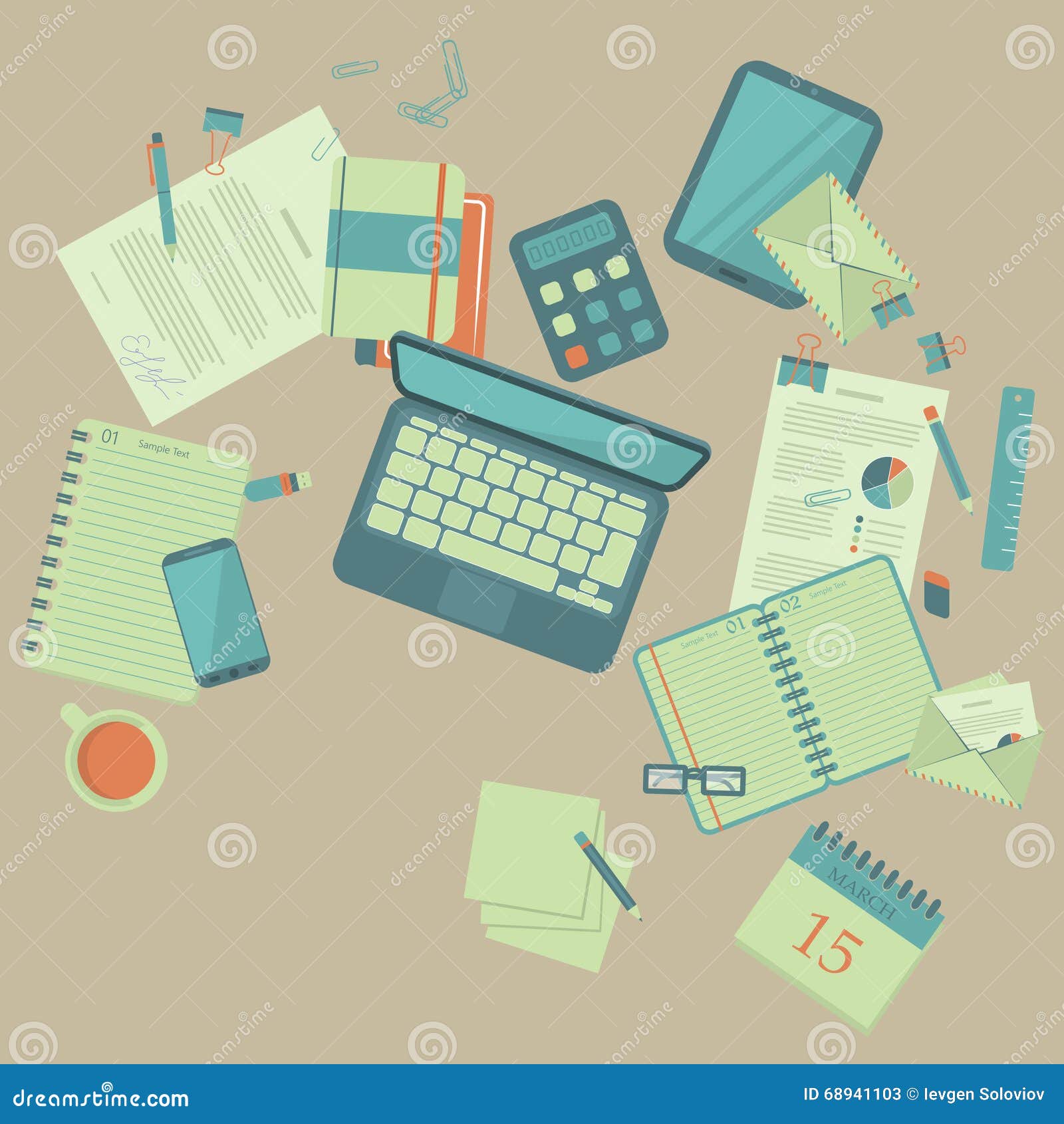 Arbeitstabelle Mit Verschiedenen Sachen Vektor Abbildung - Illustration ...