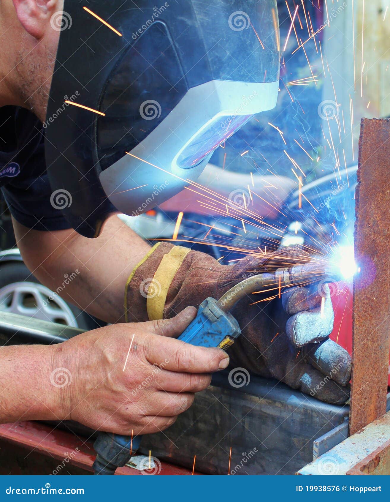 Arc Welder Wearing Welding Mask with Welding Spark Stock Photo - Image ...