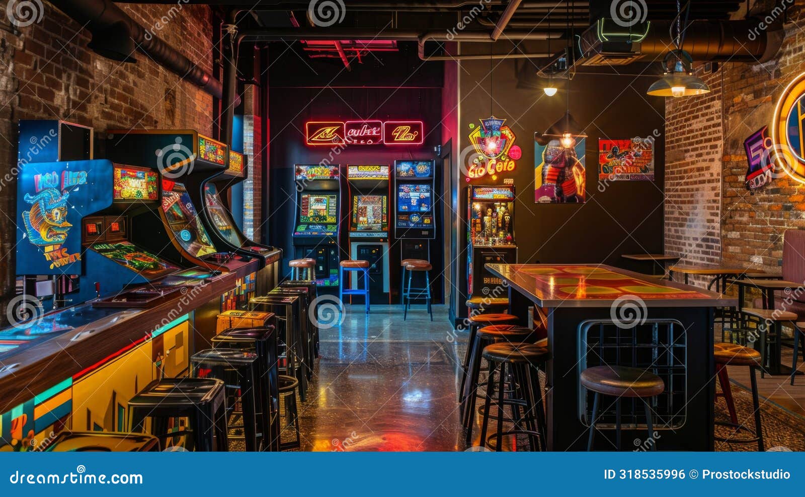 Arcade Bar with Multiple Machines and Stools Stock Photo - Image of ...