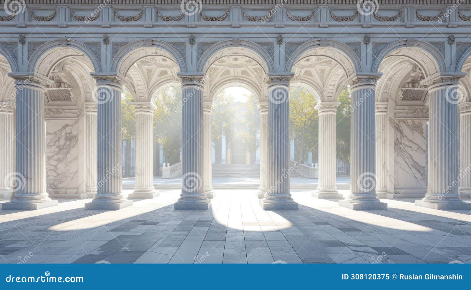 Arcade and a Corridor of White Columns. a Passage of Marble Columns ...