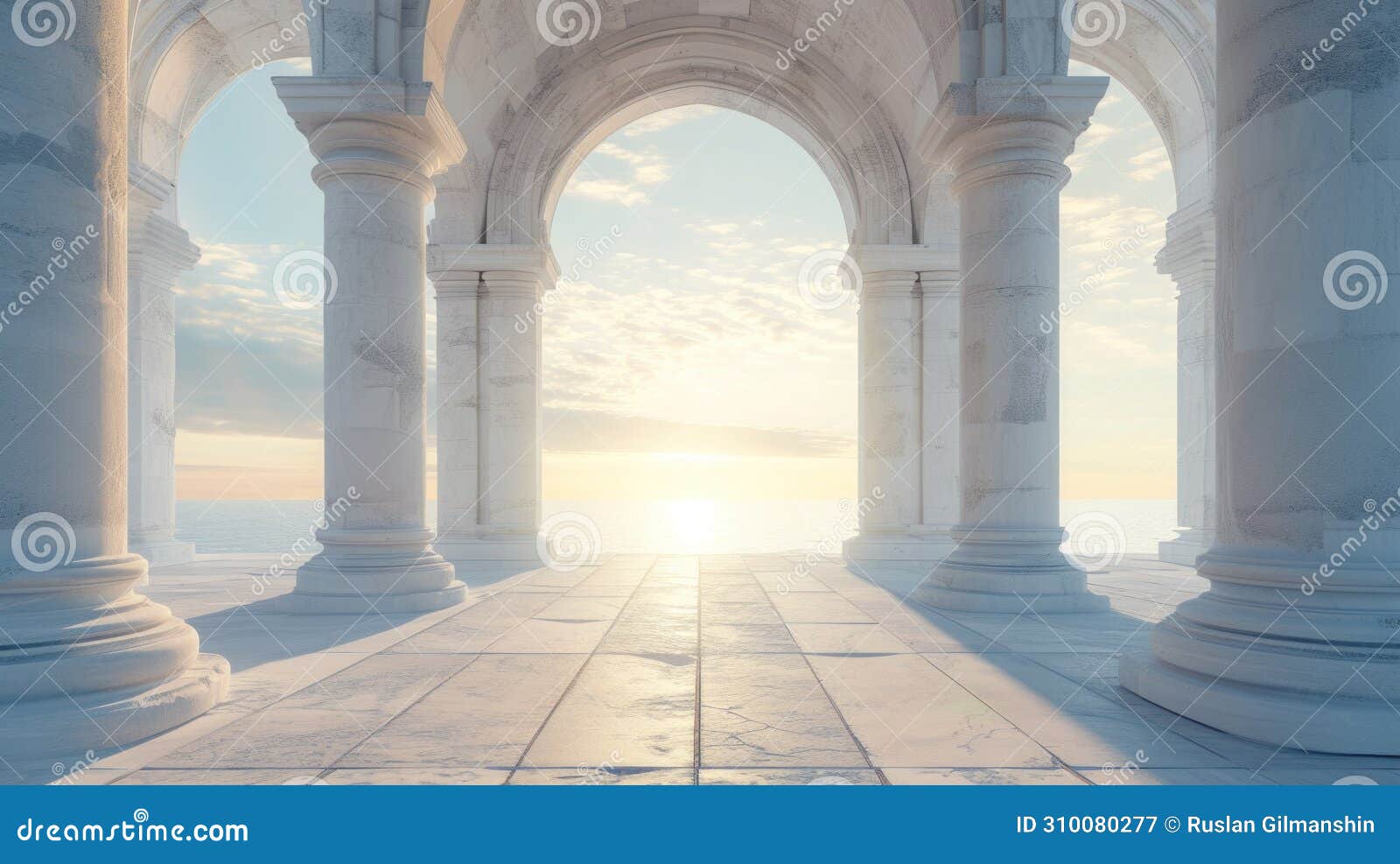 Arcade and a Corridor of White Columns. a Passage of Marble Columns ...